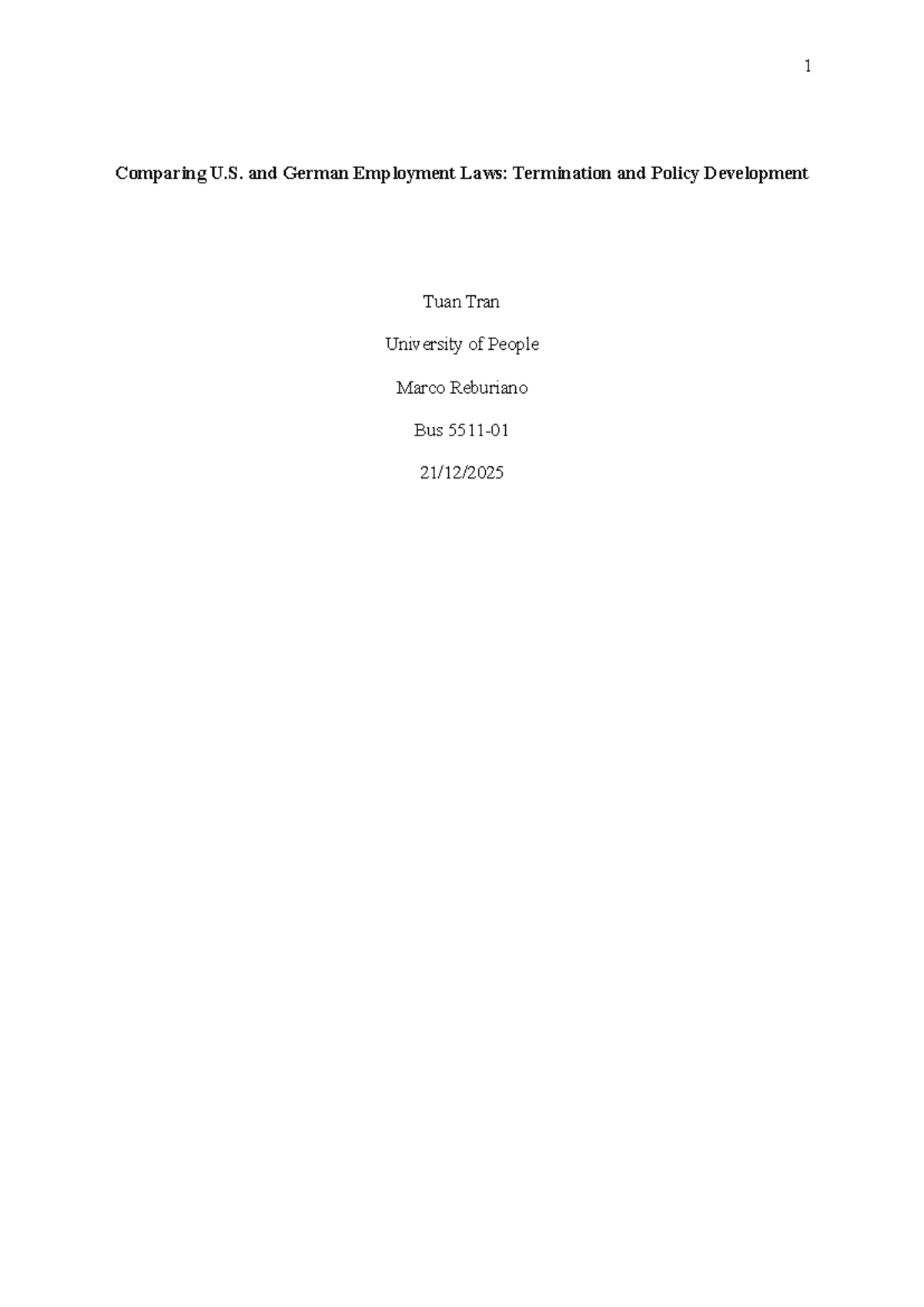 BUS 5511 Comparative Analysis of U.S. and German Employment Laws - Studocu