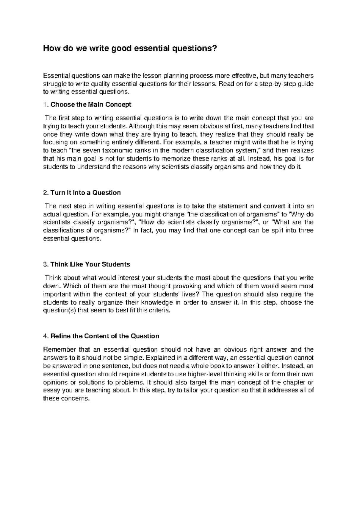 Guide to Writing Effective Essential Questions for Lesson Planning ...