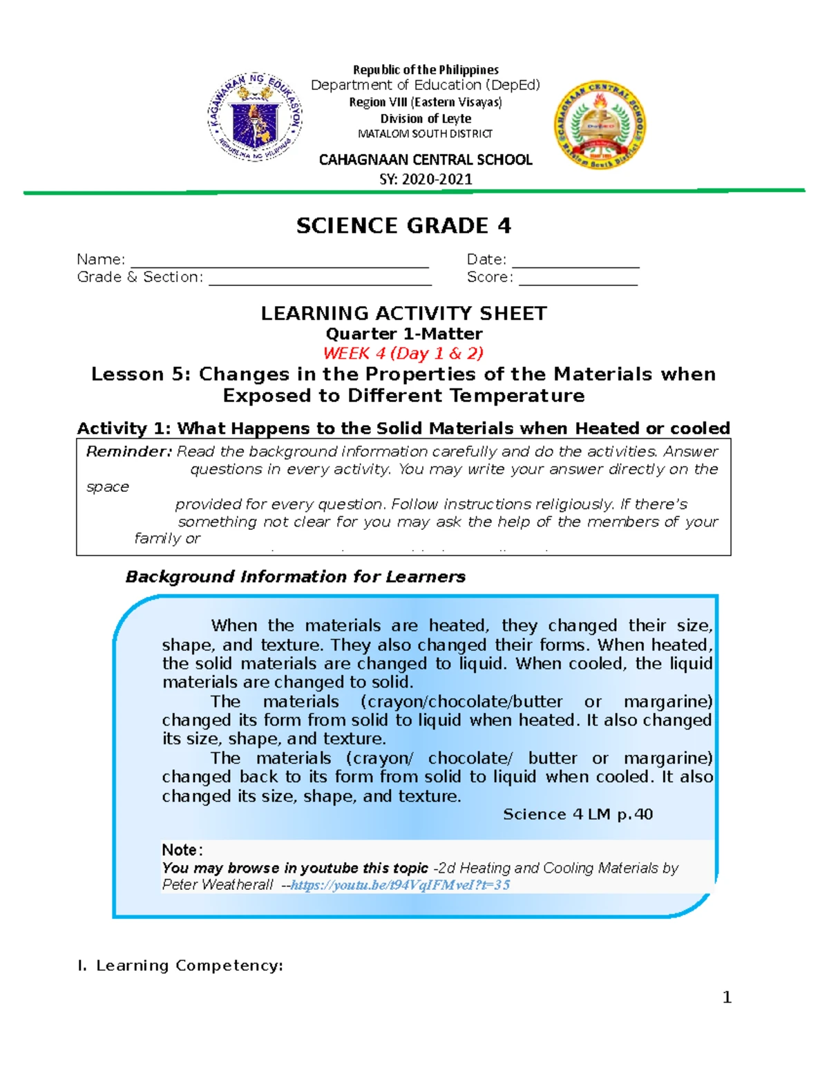 Teacher-made Science 4 Q1-week 3Activity sheets with answer key ...