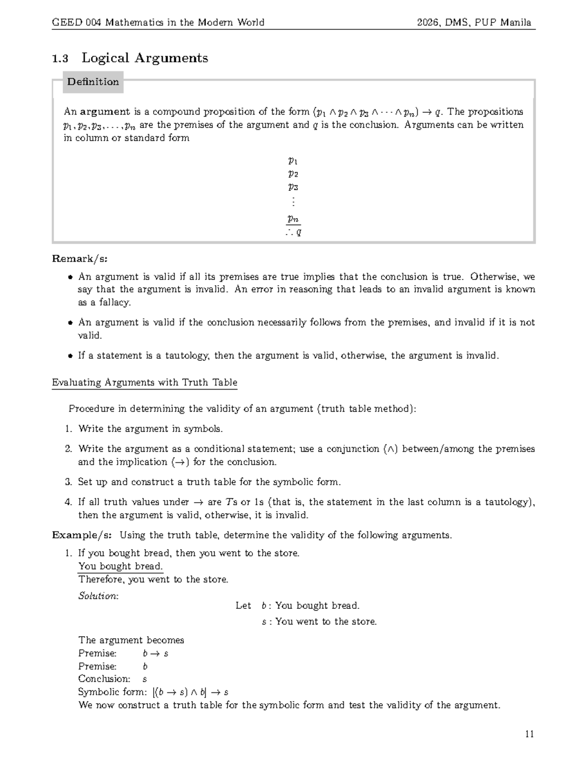 GEED 004 Mathematics in the Modern World: Logical Arguments Overview ...