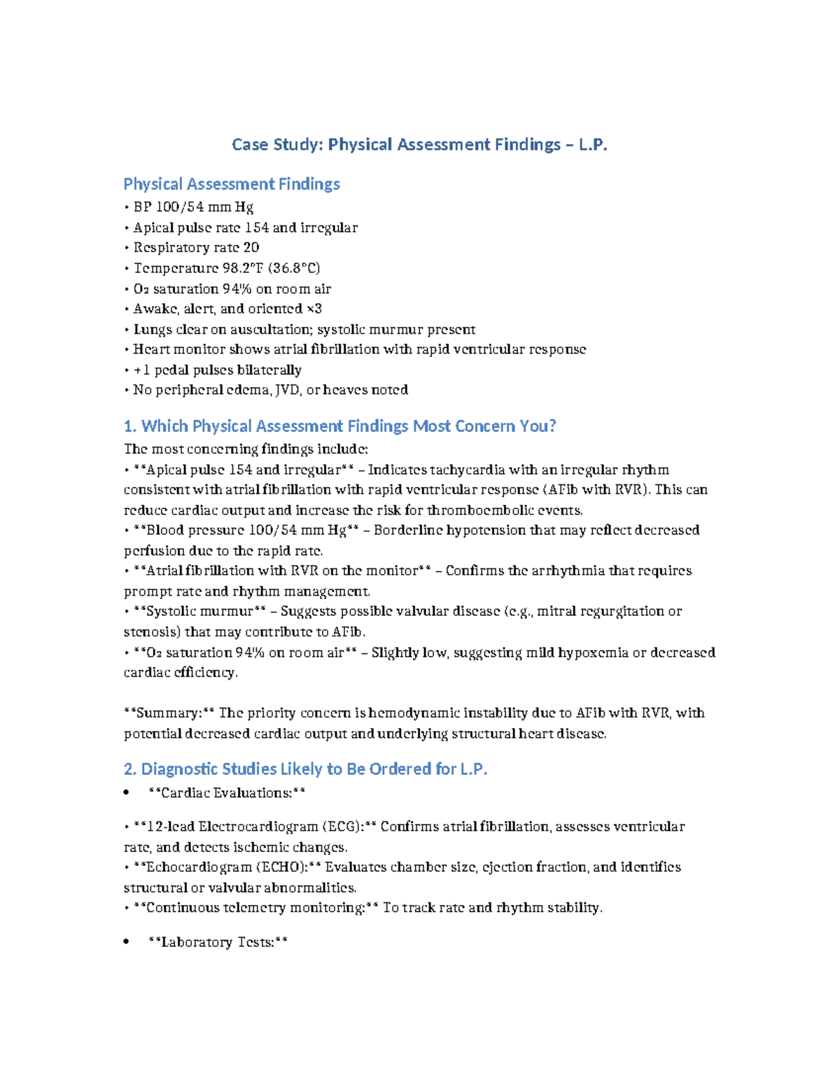 Case Study: LP Physical Assessment & Interventions for AFib with RVR ...