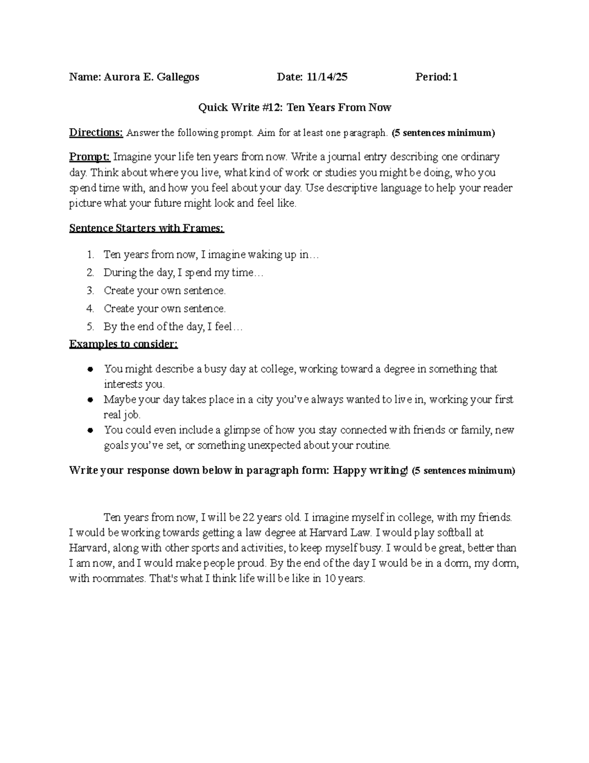 Fall 2025 Quick Write #12: A Glimpse into My Future Life - Studocu