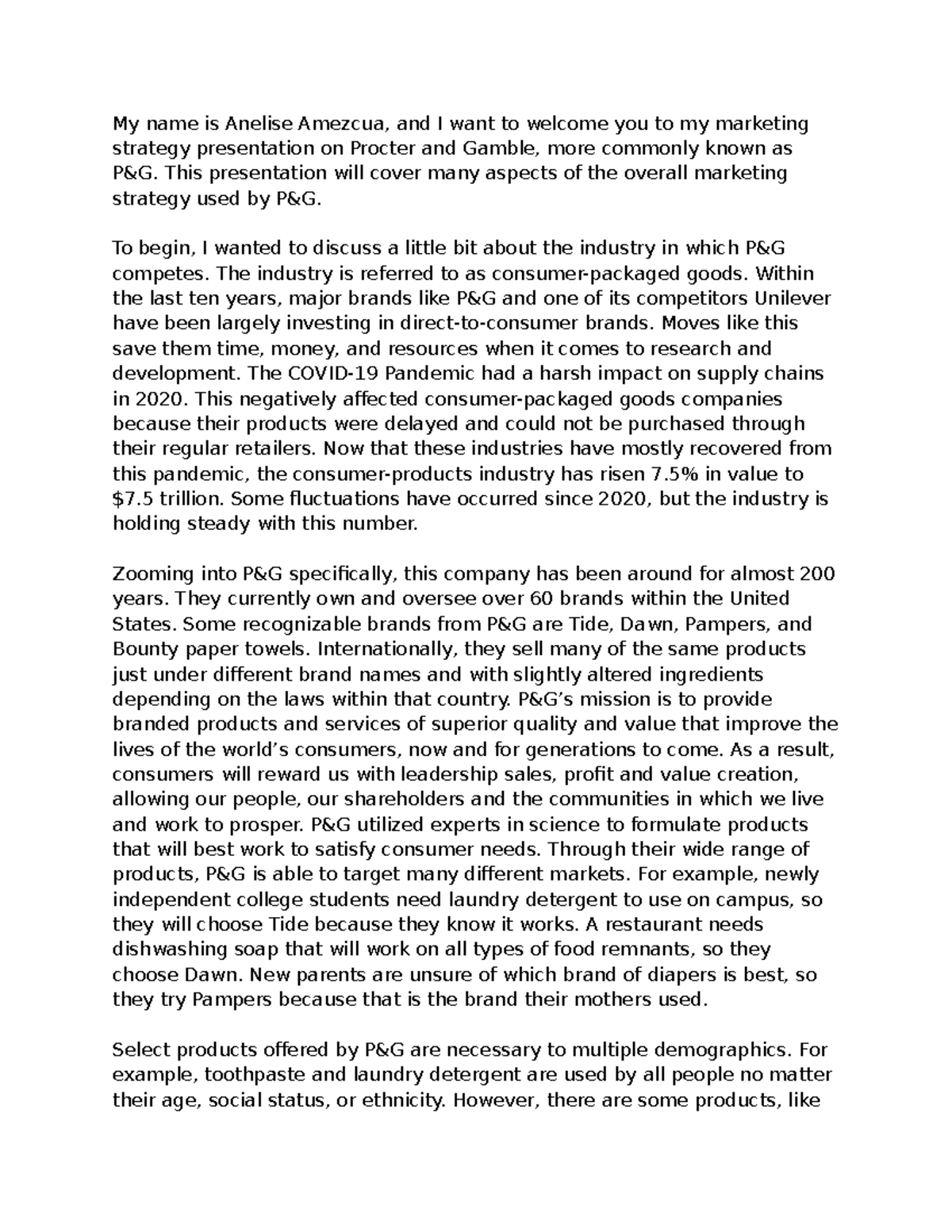 Marketing Strategy Presentation on Procter & Gamble (MKT 101) - Studocu