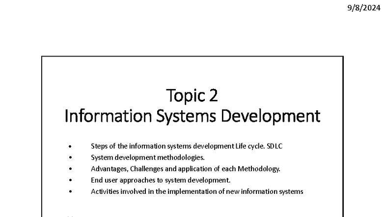 Topic 8 - Systems Development Methodologies in BCOM II ICT - Studocu