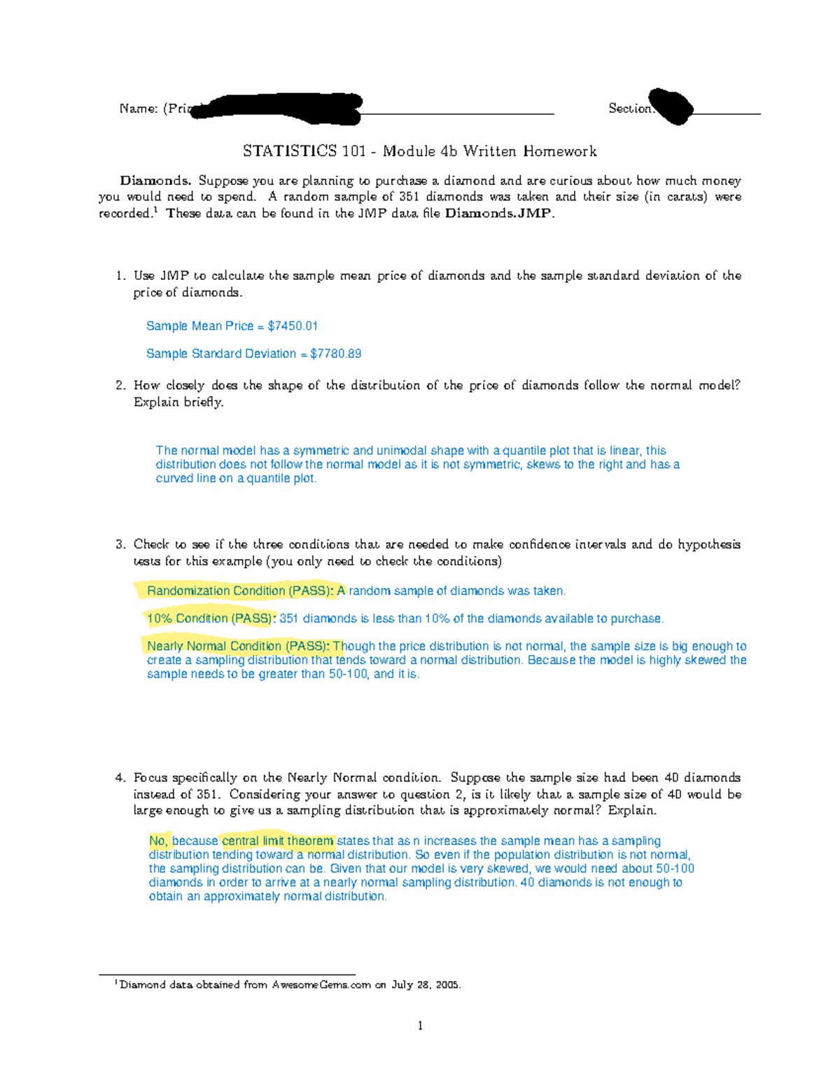 Module 4B Written Homework - Name: (Print) Section: STATISTICS 101 ...