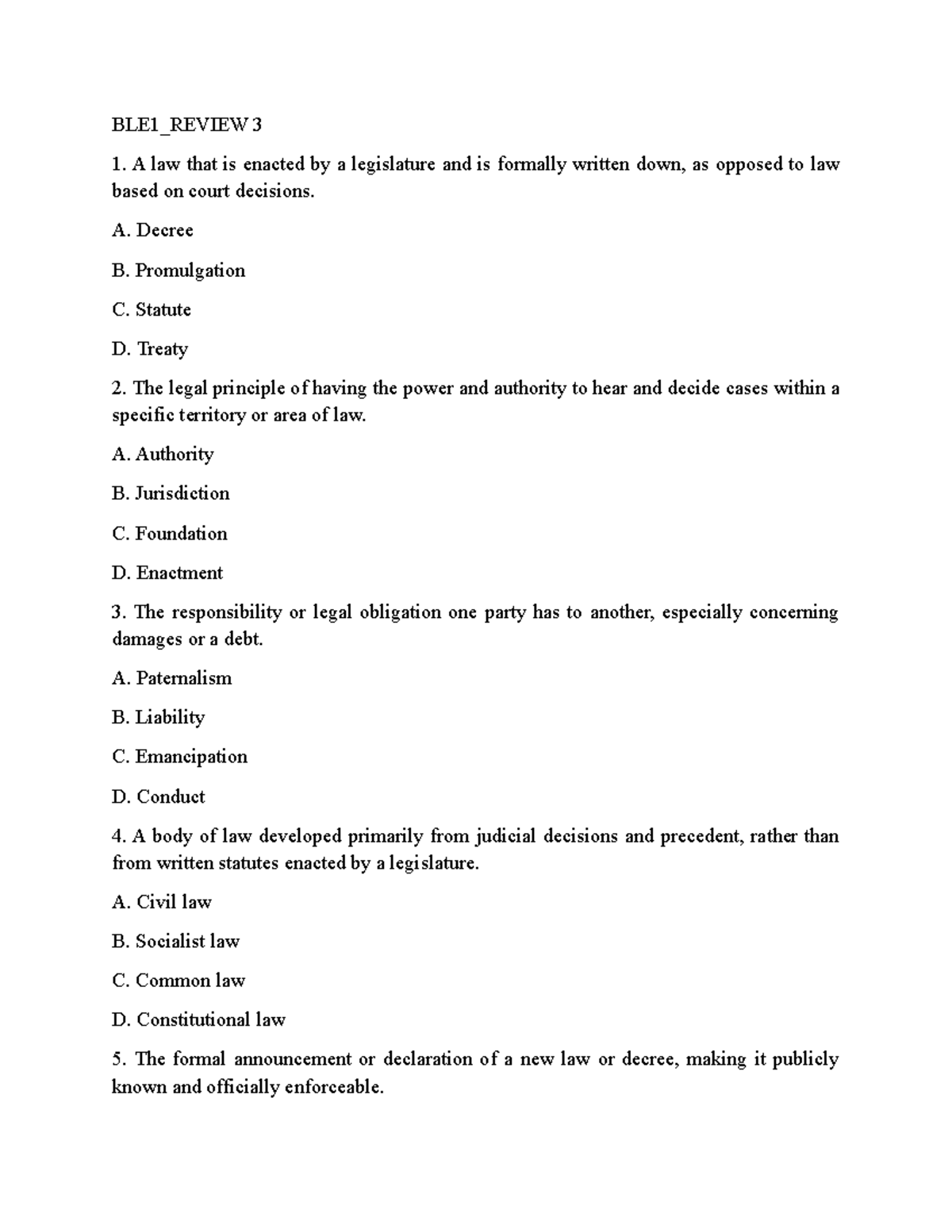 BLE1 Review 3: Key Legal Concepts and Definitions - Studocu