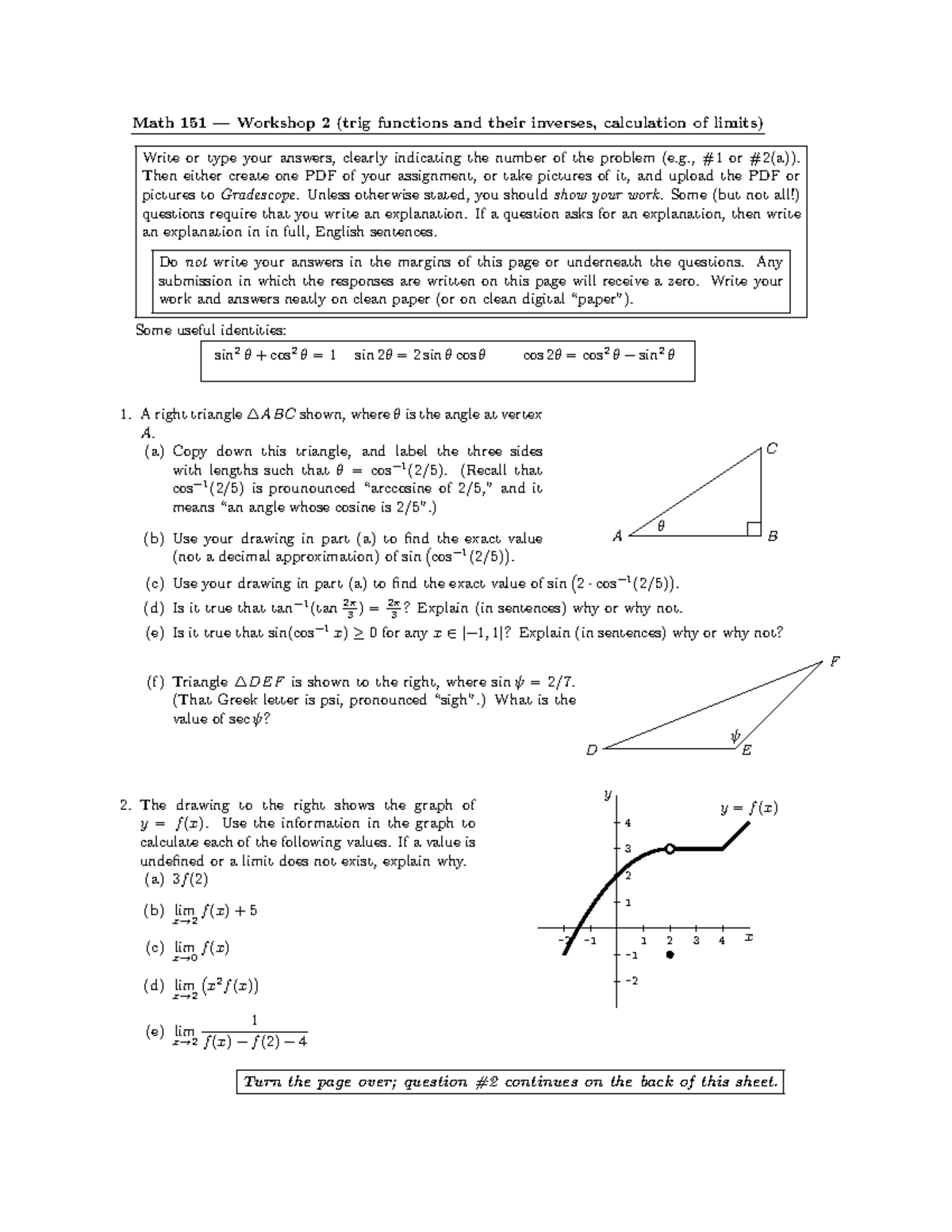 Math 151 Workshop 2: Trig Functions, Inverses & Limits - Studocu