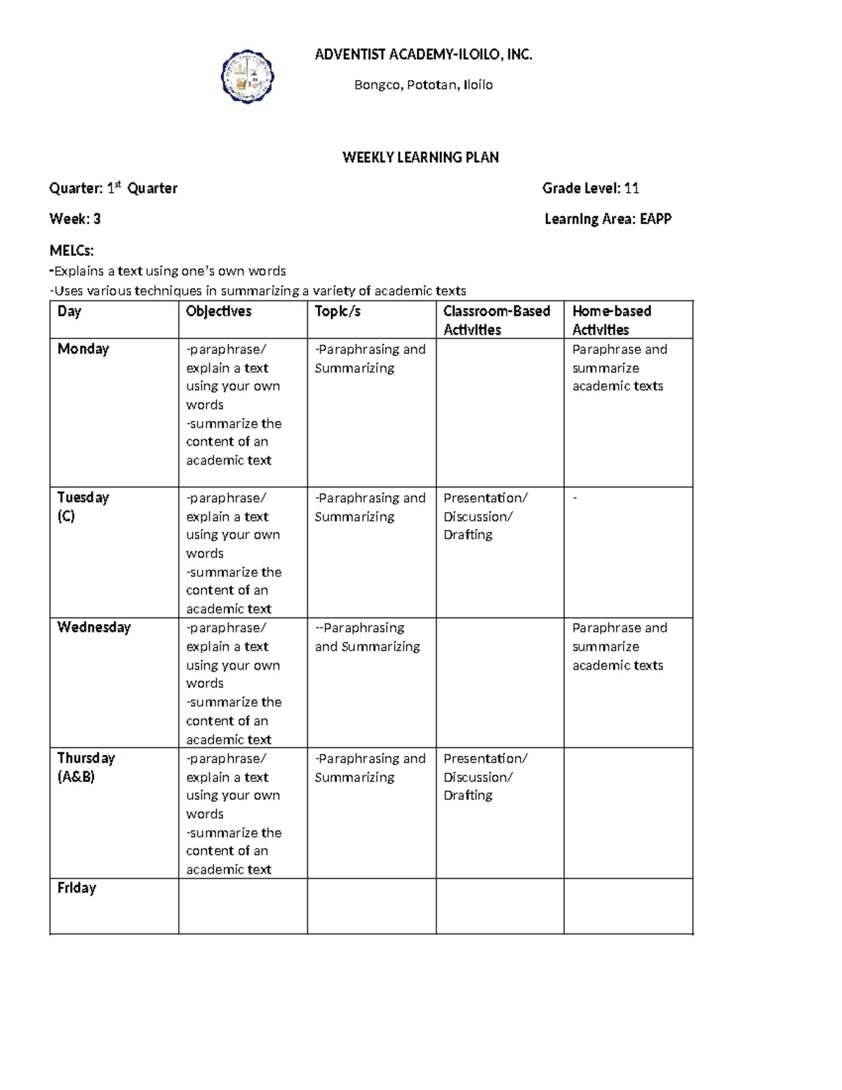 Week 1 - lesson - WEEKLY LEARNING PLAN Quarter: 1st Quarter Grade Level ...