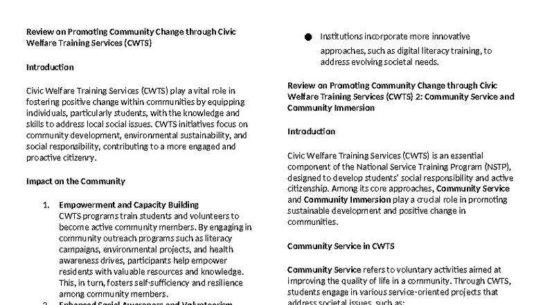 CWTS 2: Enhancing Community Change through Civic Welfare Training ...