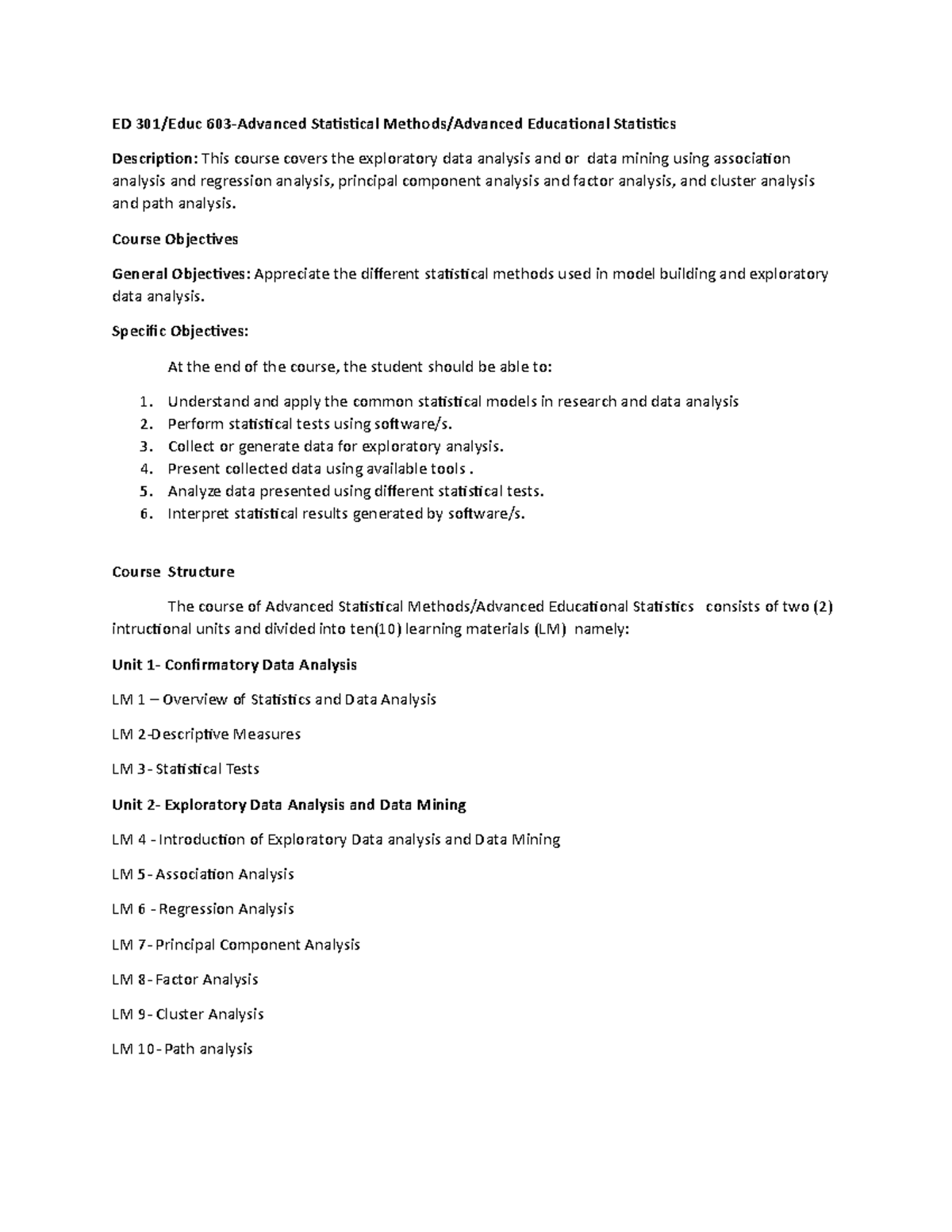 Advanced Statistical Methods Structure - ED 301/Educ 603-Advanced ...
