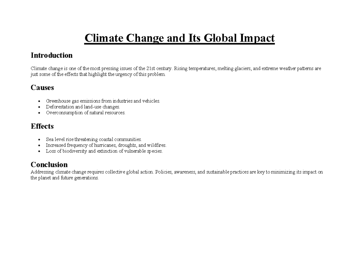 Climate Change and Its Global Impact: An Overview - Studocu
