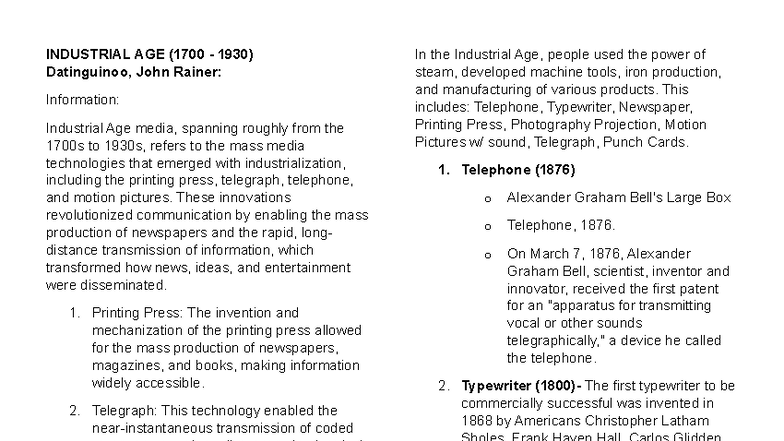 MIL-Infos: Innovations of the Industrial Age (1700-1930) - Studocu