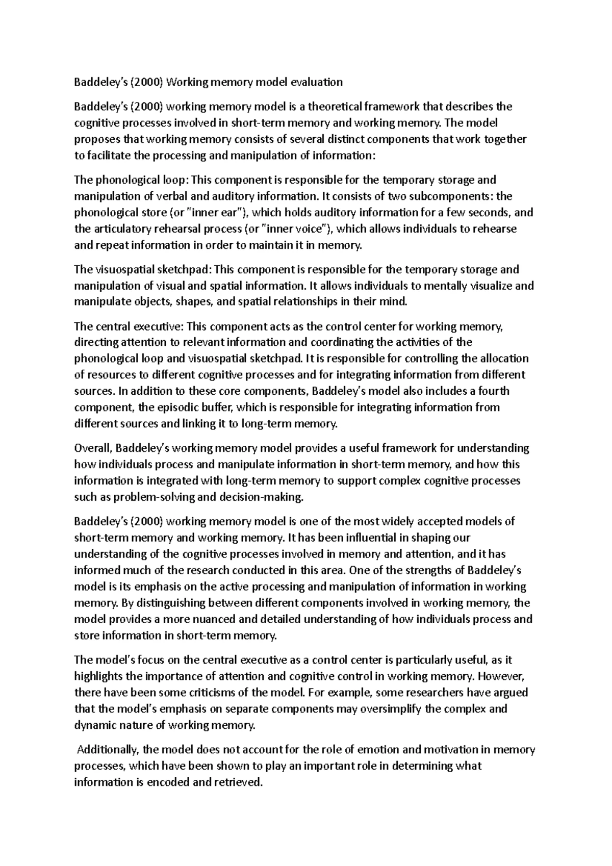 Evaluation Broadbent’s (1958) model of attention - This model suggested ...