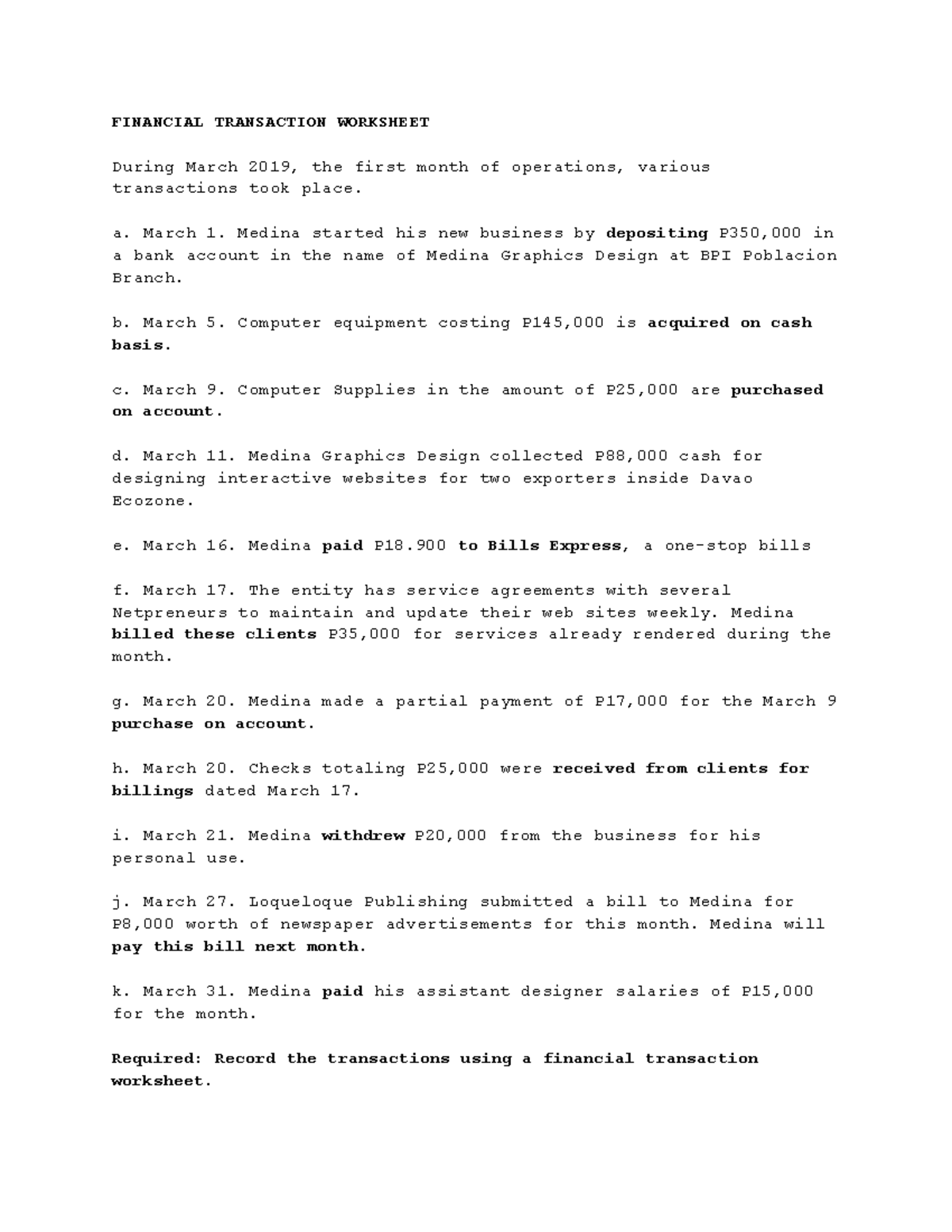 FIN 101: Financial Transaction Worksheet for March 2019 - Studocu
