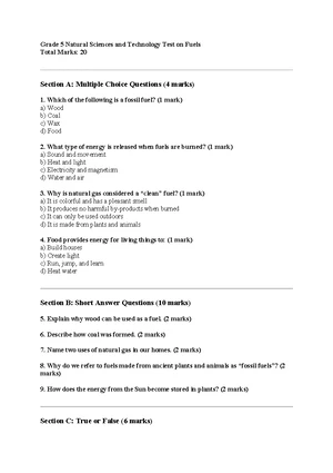 Grade 5 NAT Revision Notes: Understanding Various Fuels - Studocu