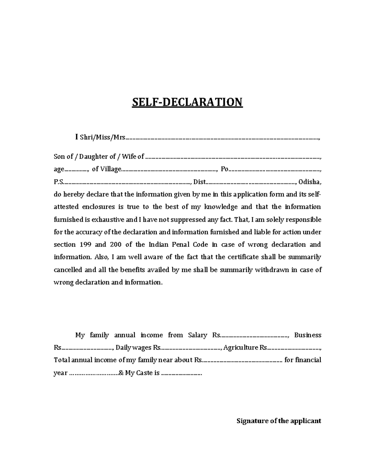 Self Declaration for ICR - Financial and Caste Information - Studocu