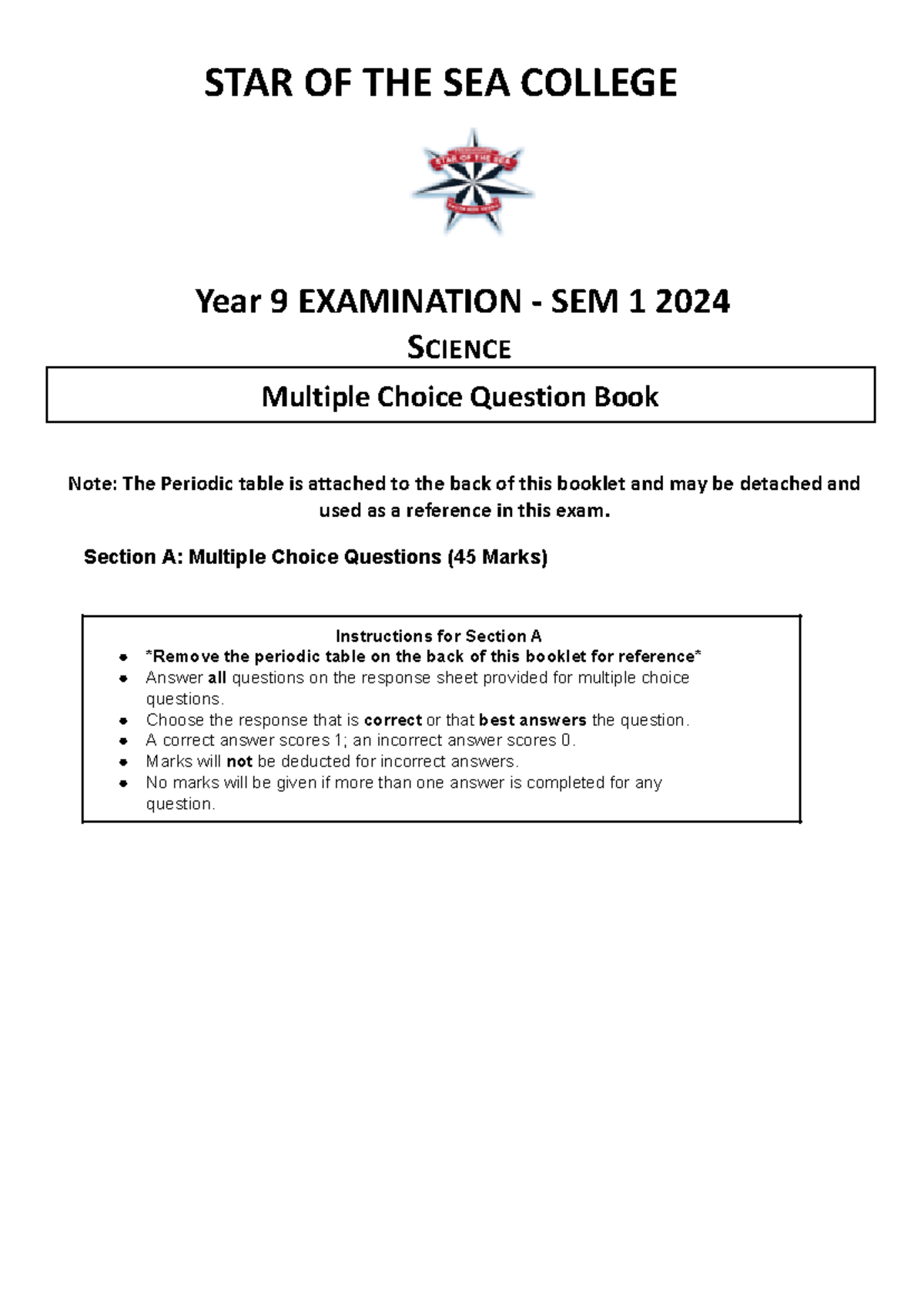 Year 9 Science Exam SEM 1 2024 - Multiple Choice Questions - Studocu
