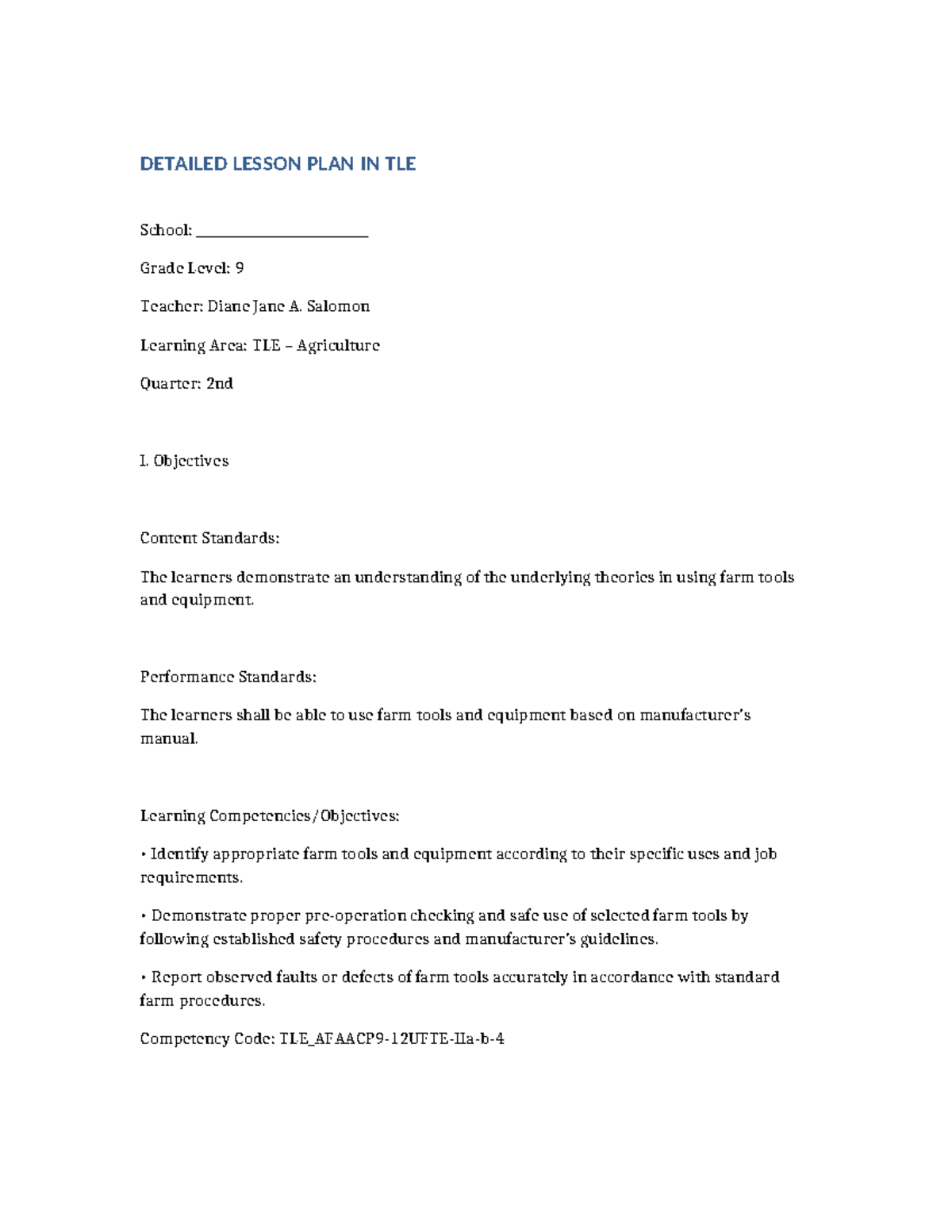 Detailed Lesson Plan in TLE (Grade 9) - Using Farm Tools - Studocu
