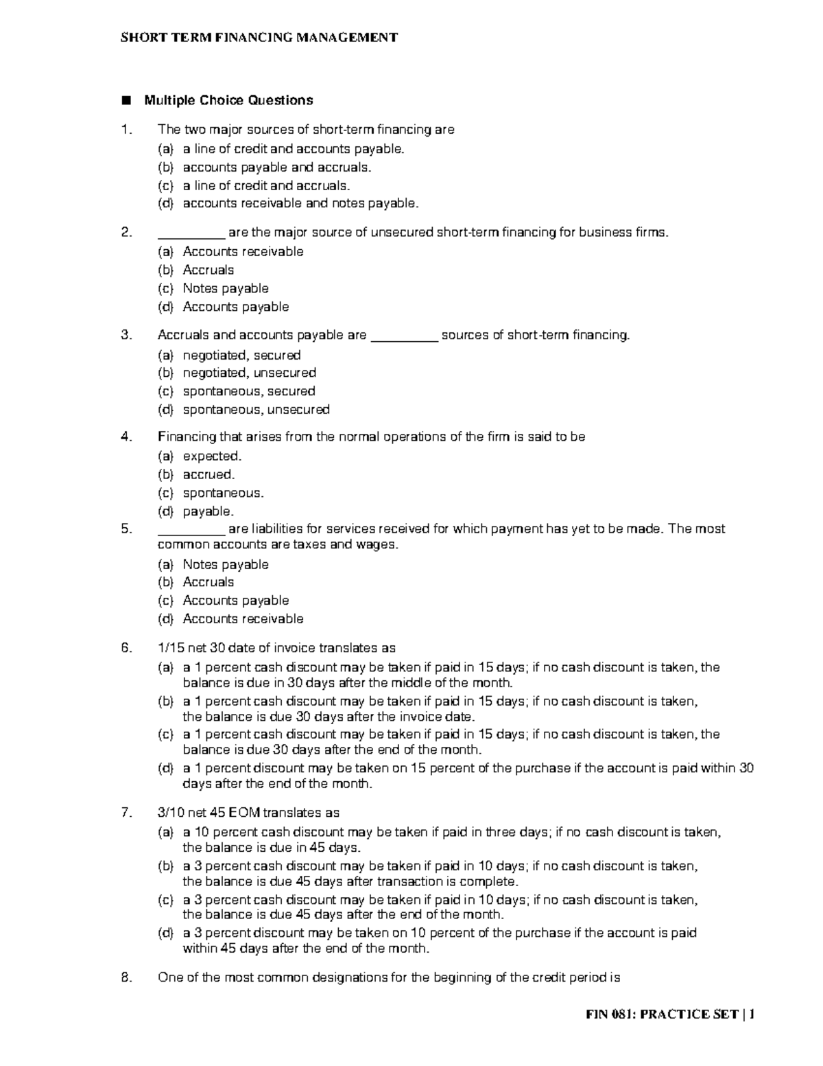 Short-Term Financial Management Practice Set - MCQs for Students - Studocu
