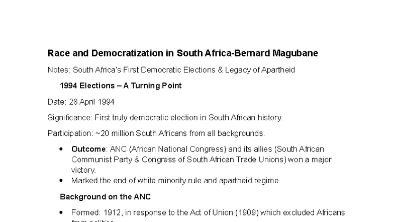 Race and Democratization in South Africa: 1994 Elections and Legacy ...