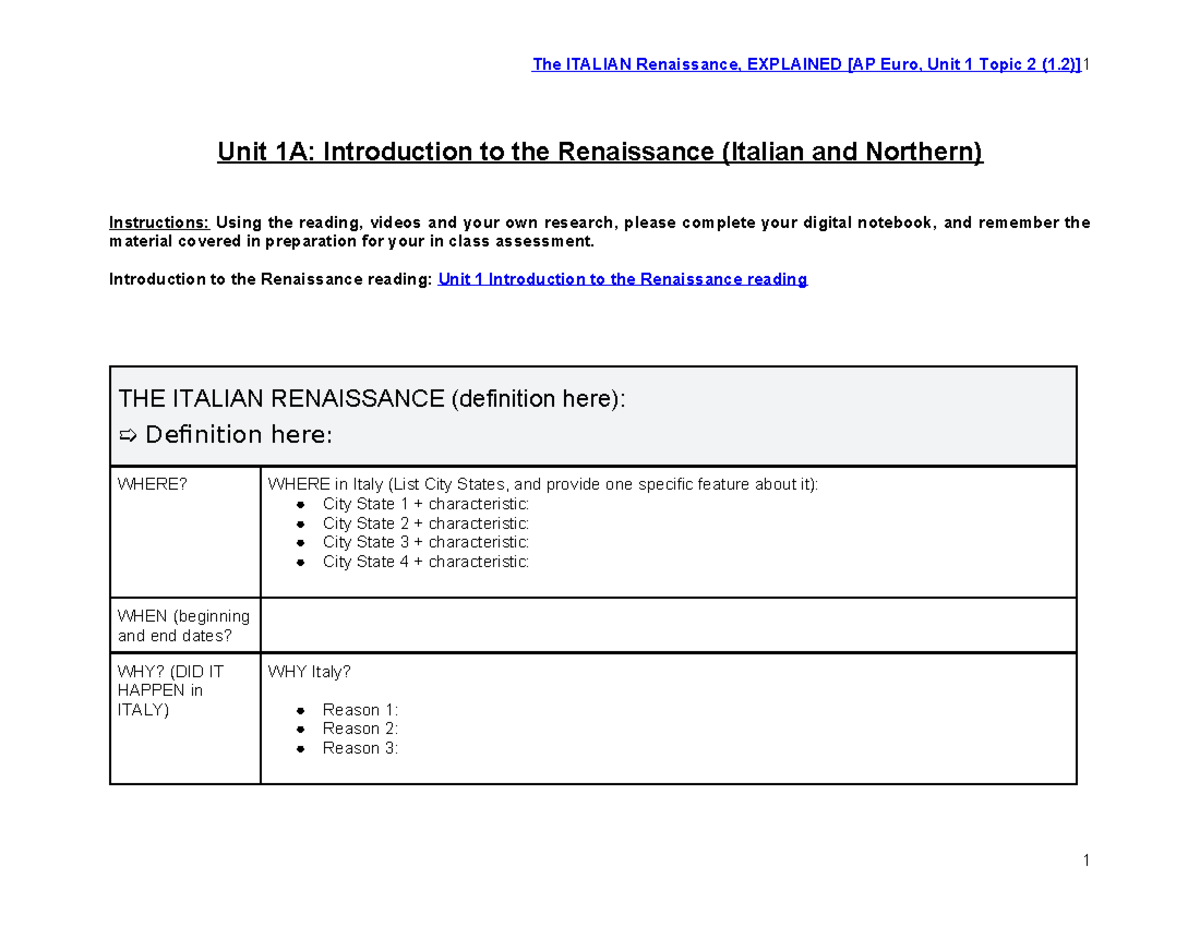 Italian & Northern Renaissance Overview - Euro Unit 1A Digital Notebook ...