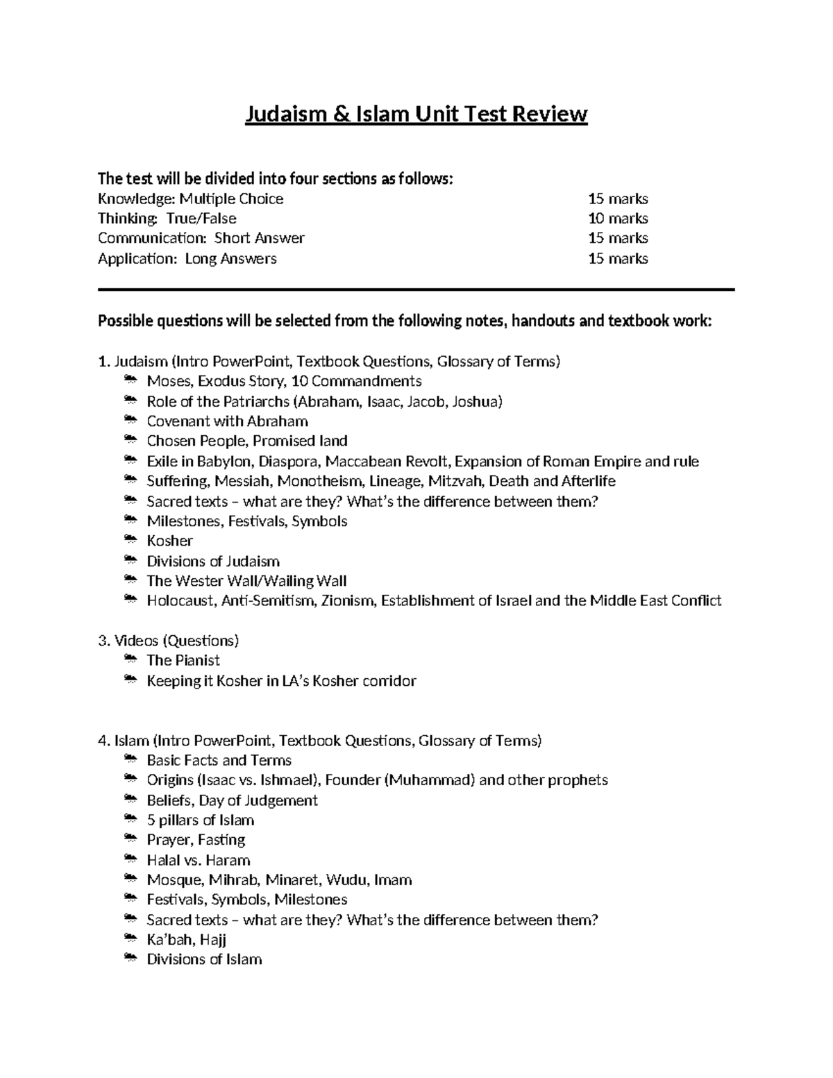 16 Judaism & Islam Unit Test Review - Copy (1) - Judaism & Islam Unit ...