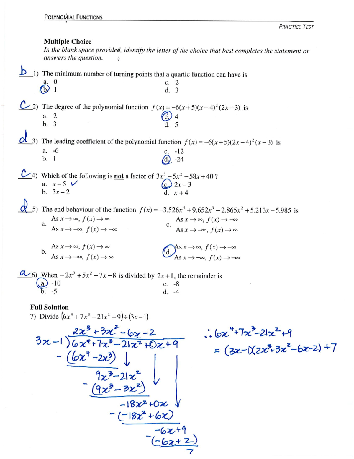 MHF4U1 Polynomial Functions Practice Test Solutions and Answers - Studocu