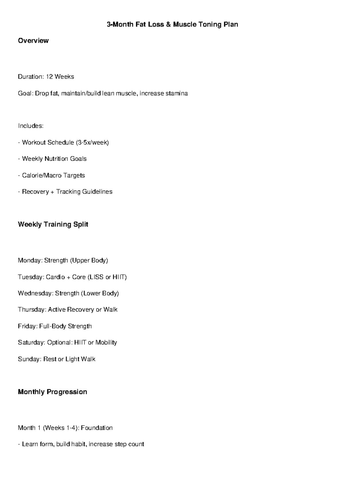3-Month Fat Loss & Muscle Toning Plan Overview - Studocu