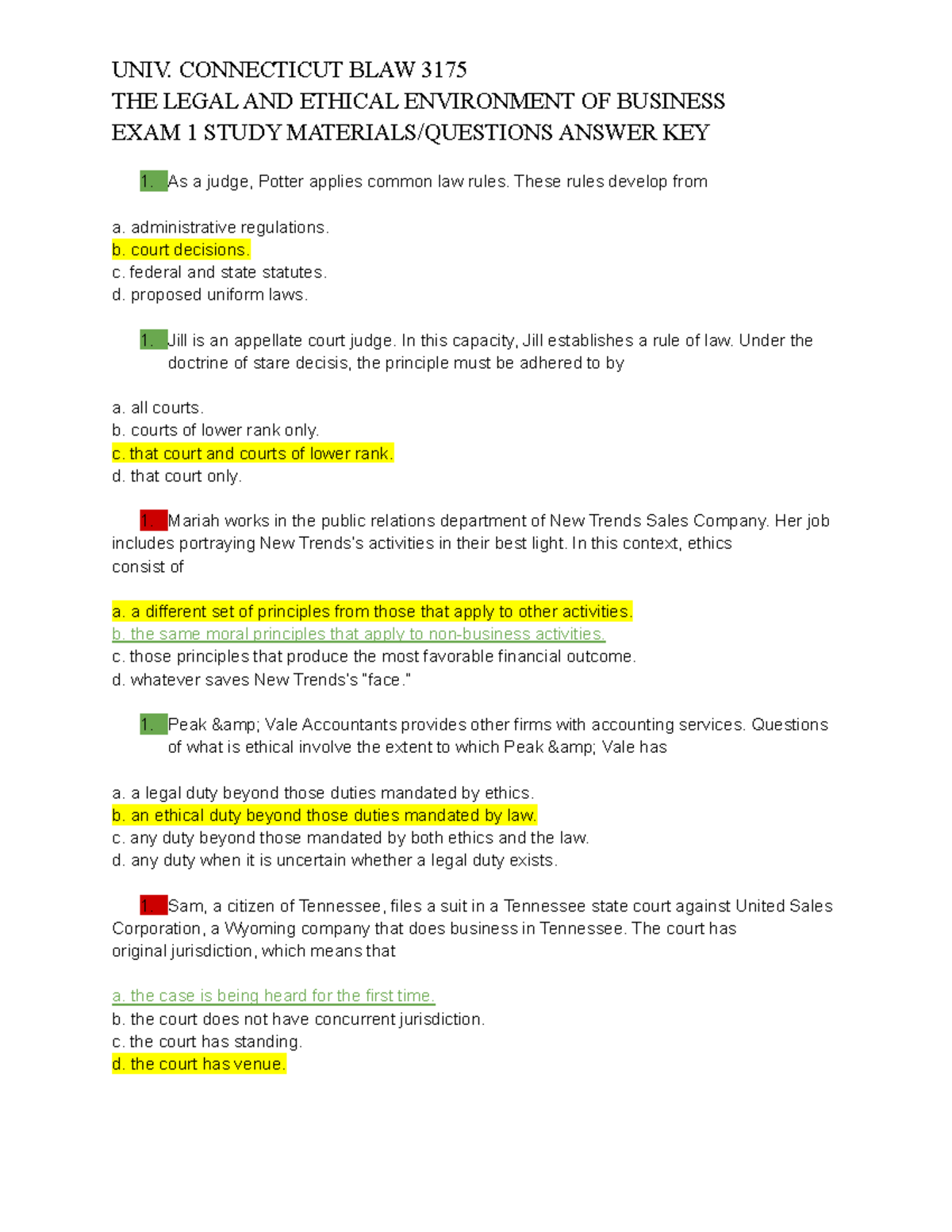 BLAW 3175 Exam 1 Study Guide: Legal & Ethical Business Concepts - Studocu