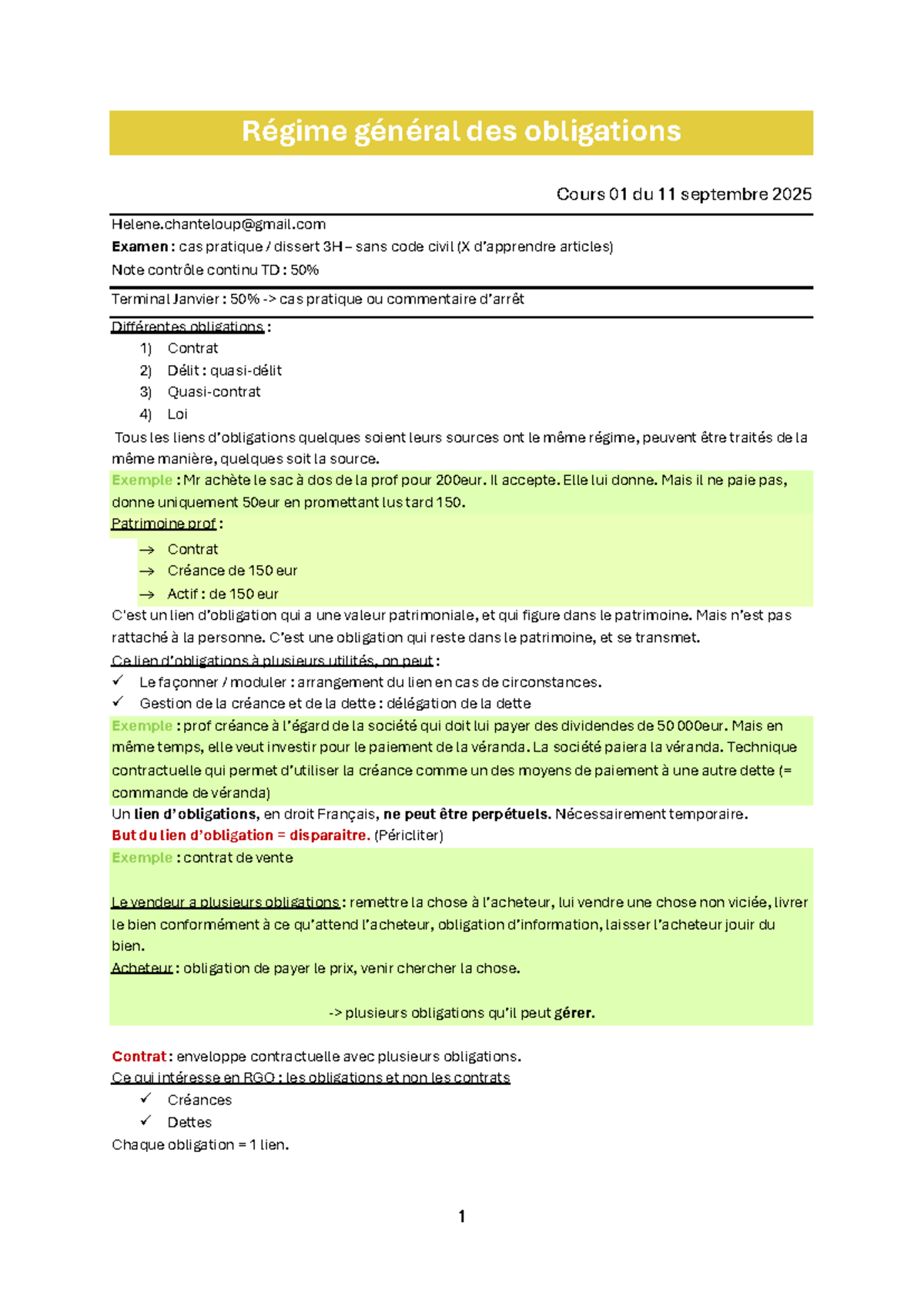 RGO - Cours 01 : Obligations et Contrats - Examen Pratique 2025 - Studocu