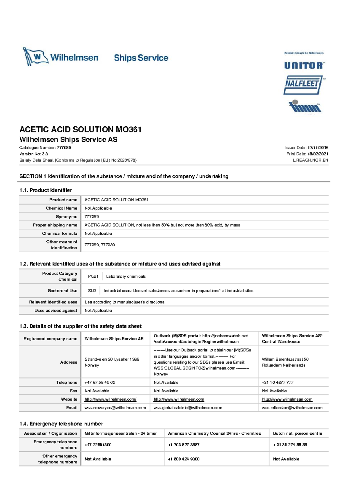 Safety Data Sheet for Acetic Acid Solution MO361 - Studocu