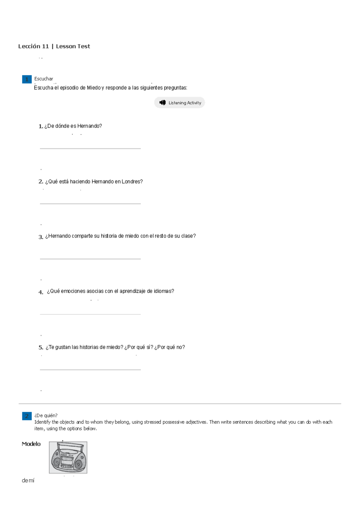 Revisión del Examen 1 - Lección 11 y Actividades de Escucha - Studocu