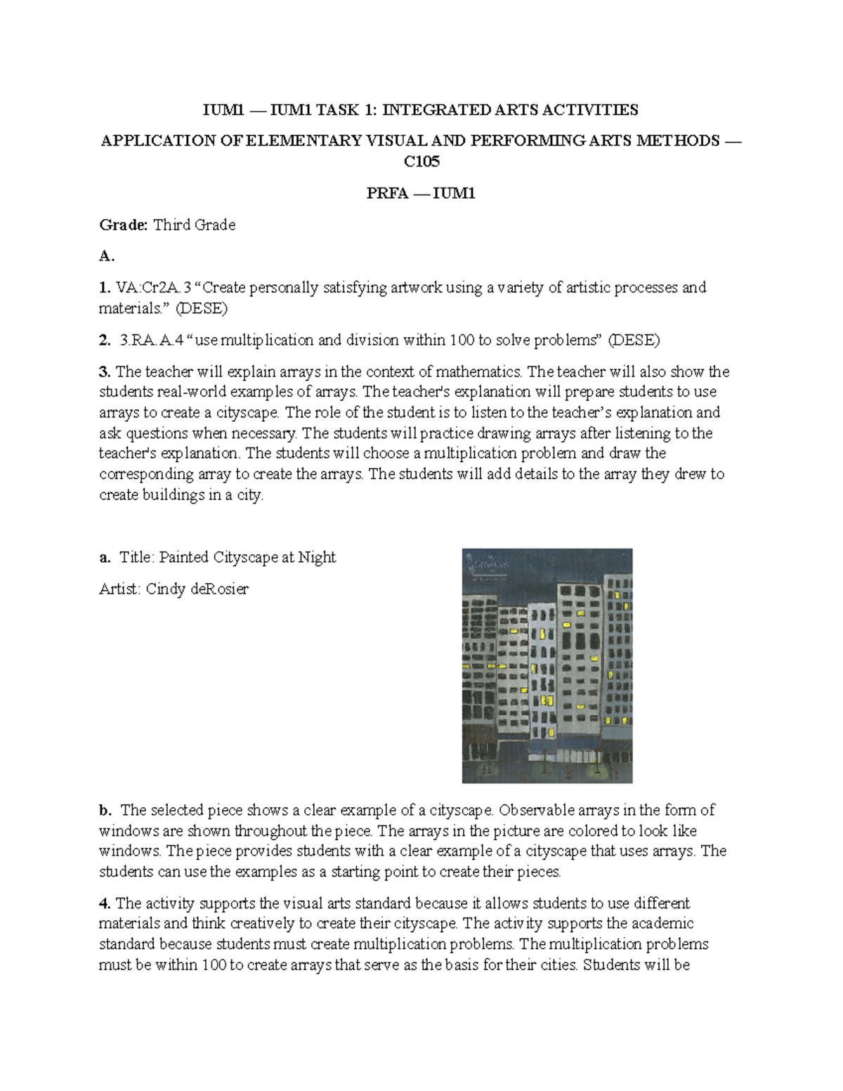 Revised Task 1: Integrated Arts Activities for Elementary Ed C105 - Studocu
