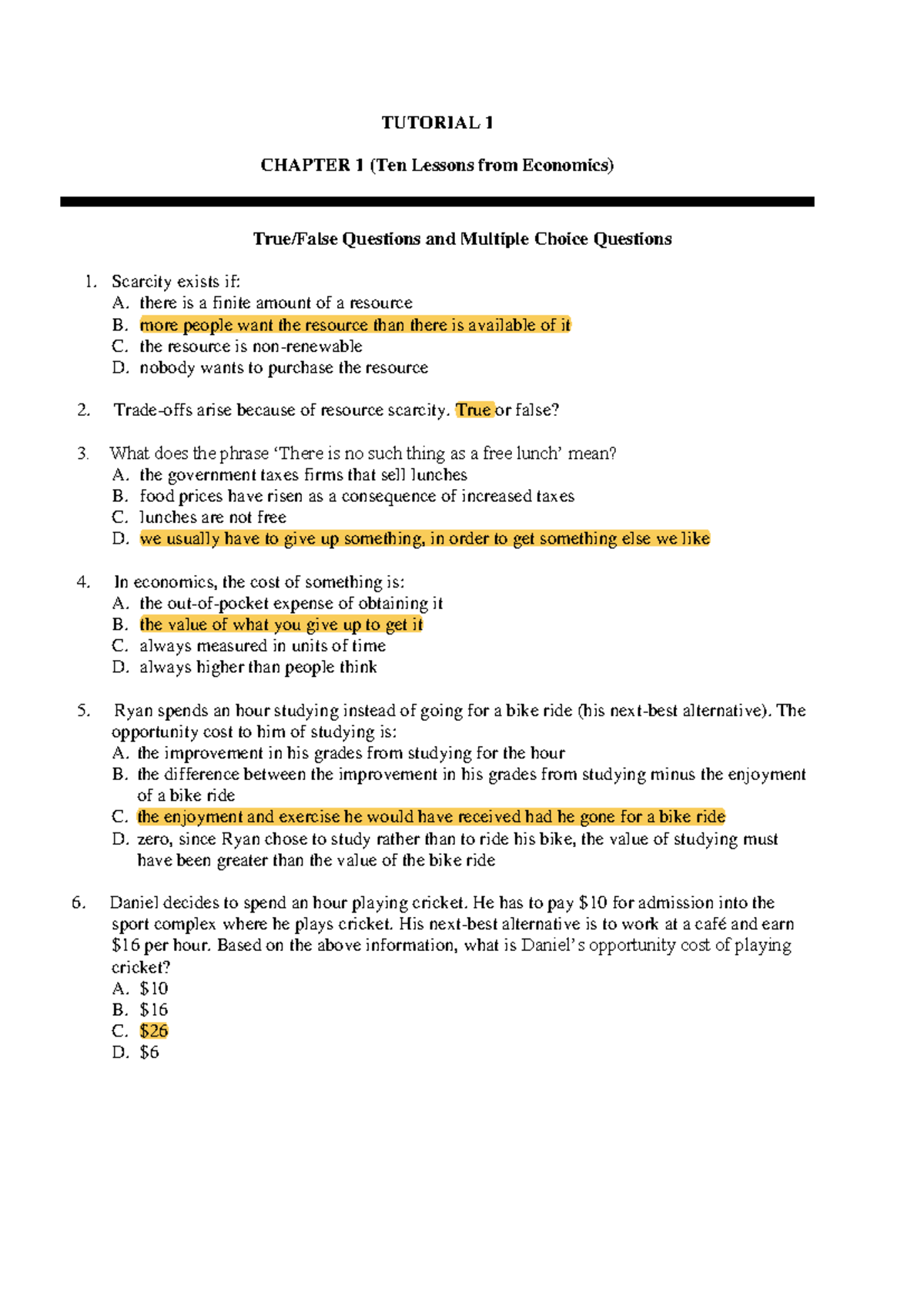 TUTORIAL 1 CHAPTER 1: Economics Questions & MCQs on Scarcity - Studocu