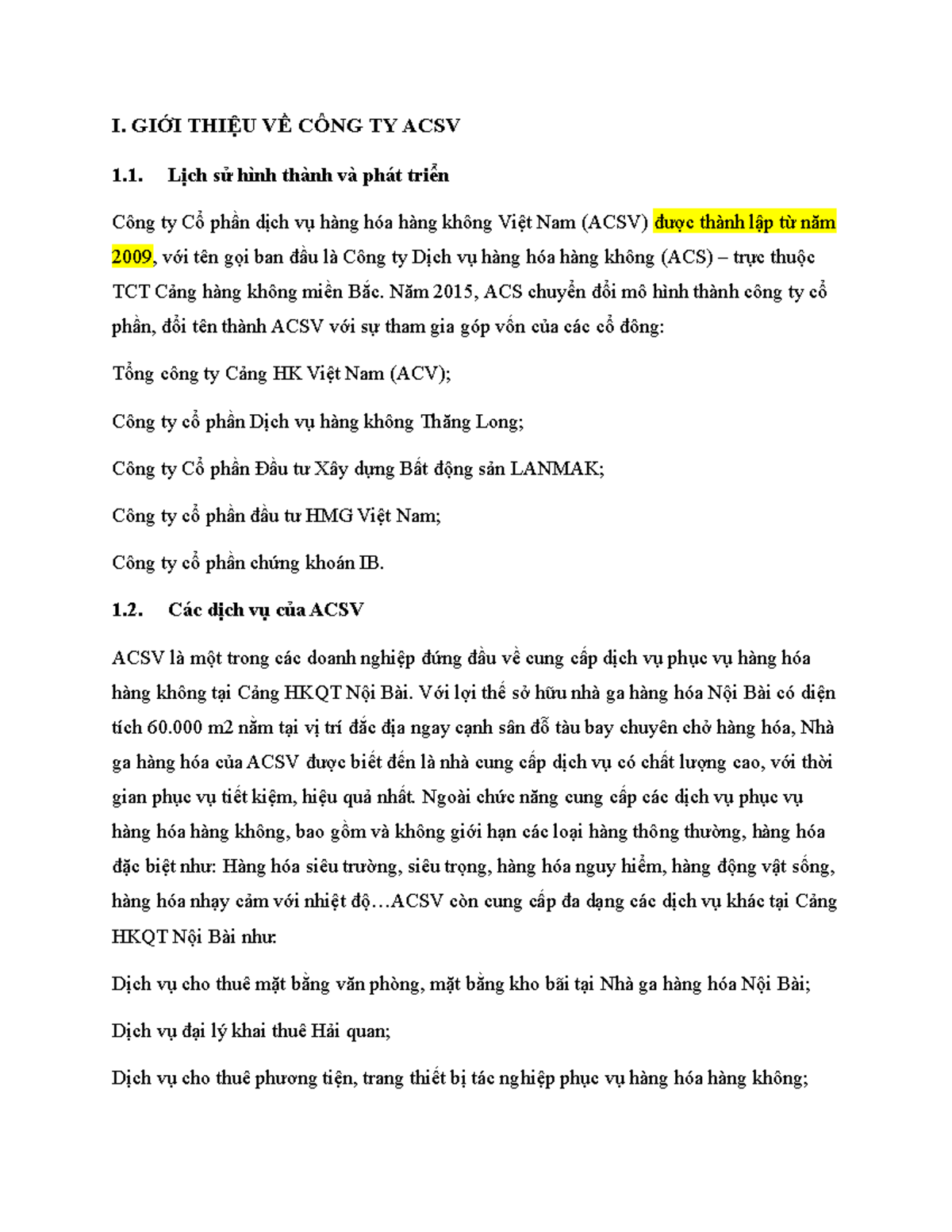 ACSV - Tóm tắt về Lịch sử và Dịch vụ Công ty Hàng hóa Hàng không - Studocu
