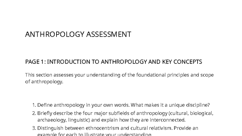 ANTH 101: Anthropology Assessment - Key Concepts & Subfields - Studocu
