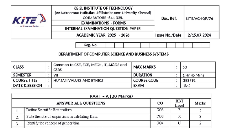 GE3791 Human Values and Ethics Internal Exam Question Paper - Studocu