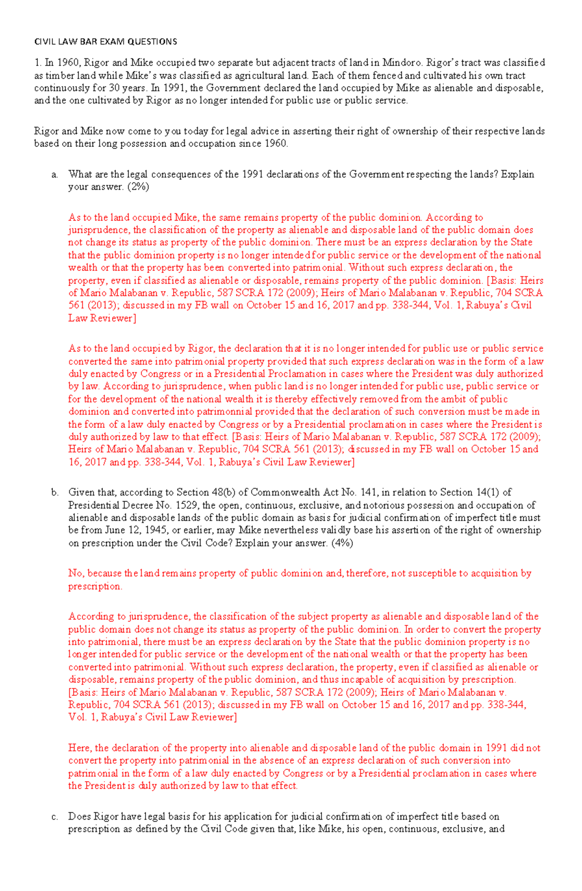Civil Law Bar Exam Questions on Property Ownership and Rights - Studocu