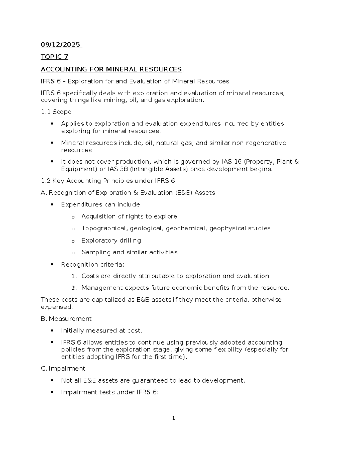 Topic 7: Accounting for Mineral Resources (IFRS 6) - Class Notes - Studocu