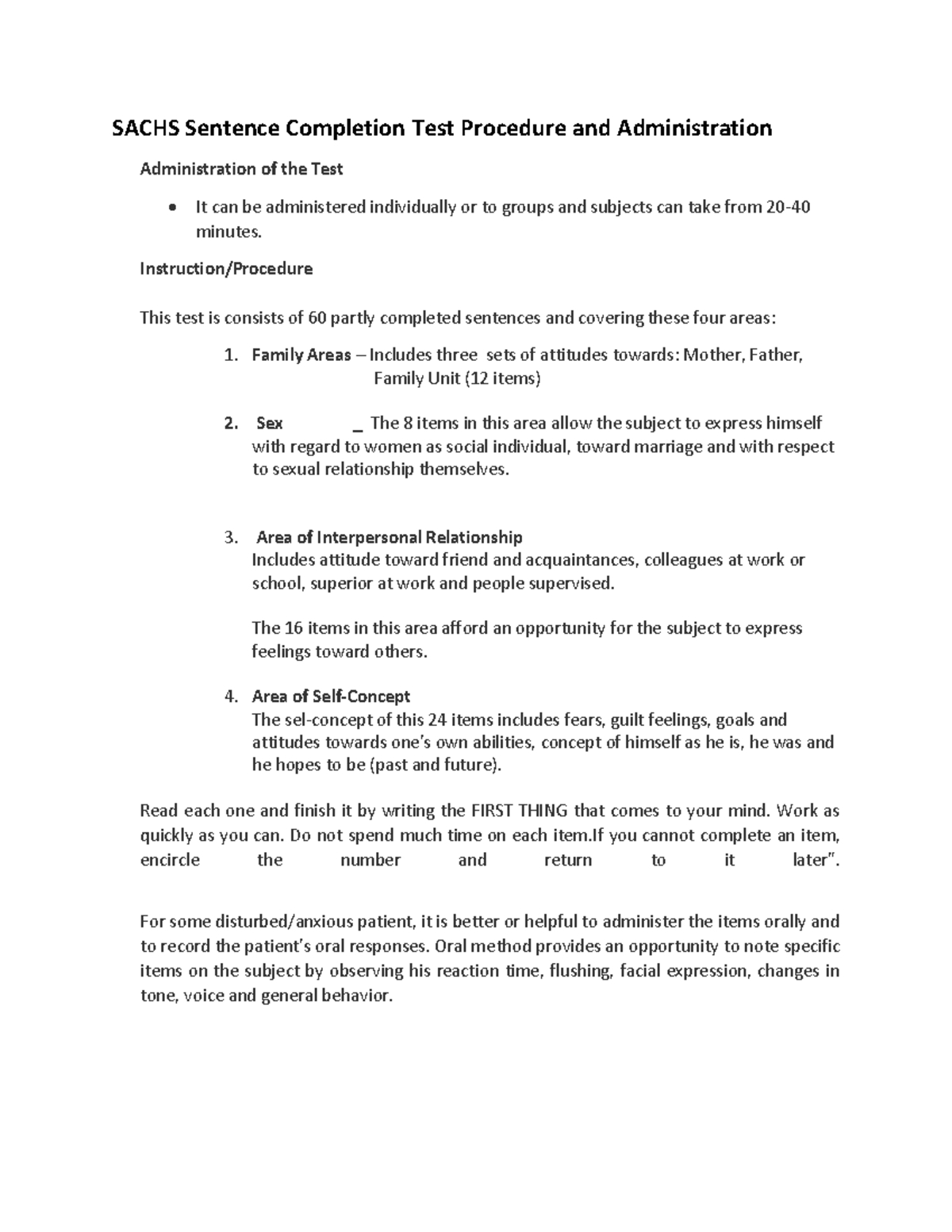 402353670 Sachs Sentence Completion Test Procedure and Administration ...