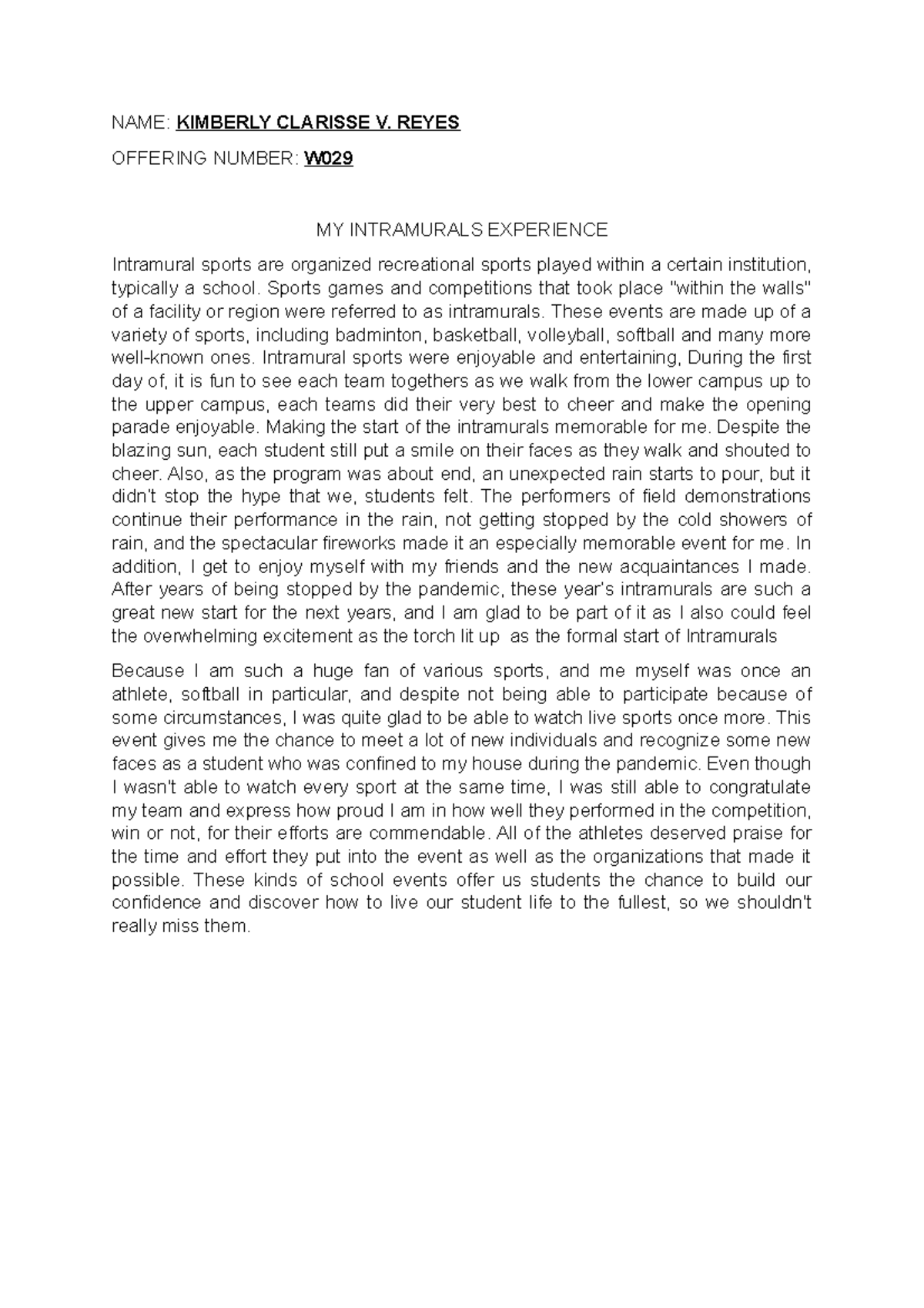 Reflection Paper on My Intramurals Experience (Course W) - Studocu