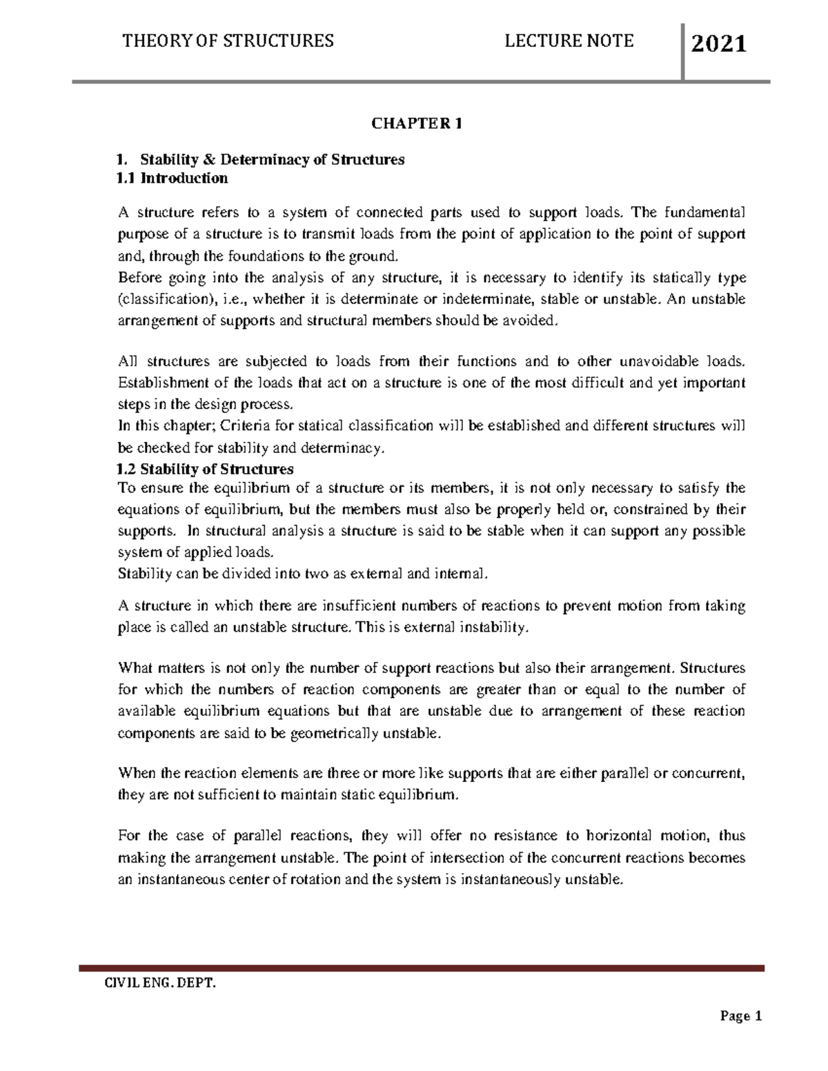 Chapter 1 - Theory of Structure: Stability and Determinacy in Civil ...