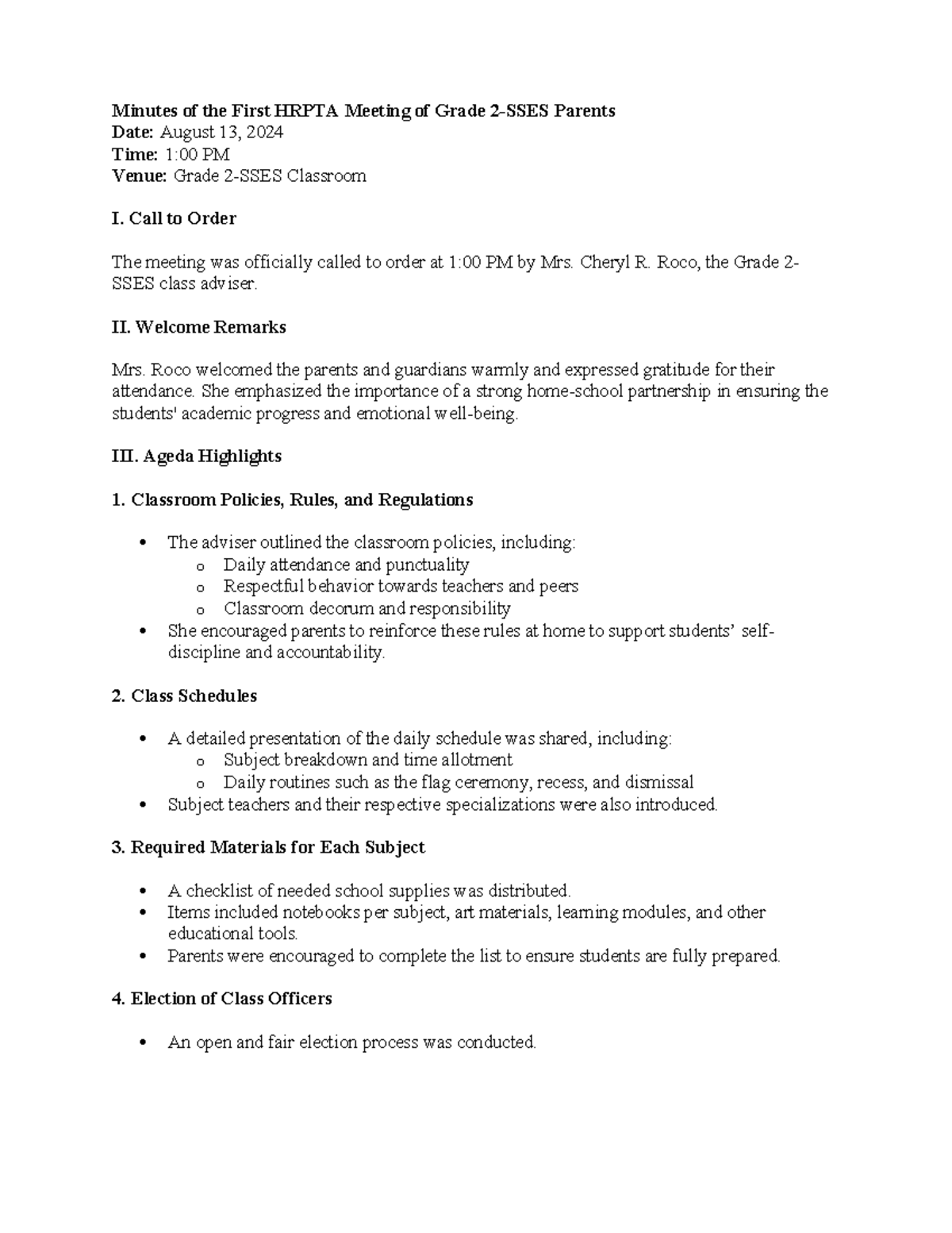 Minutes of Meeting: Grade 2-SSES HRPTA Sessions SY 2024-2025 - Studocu