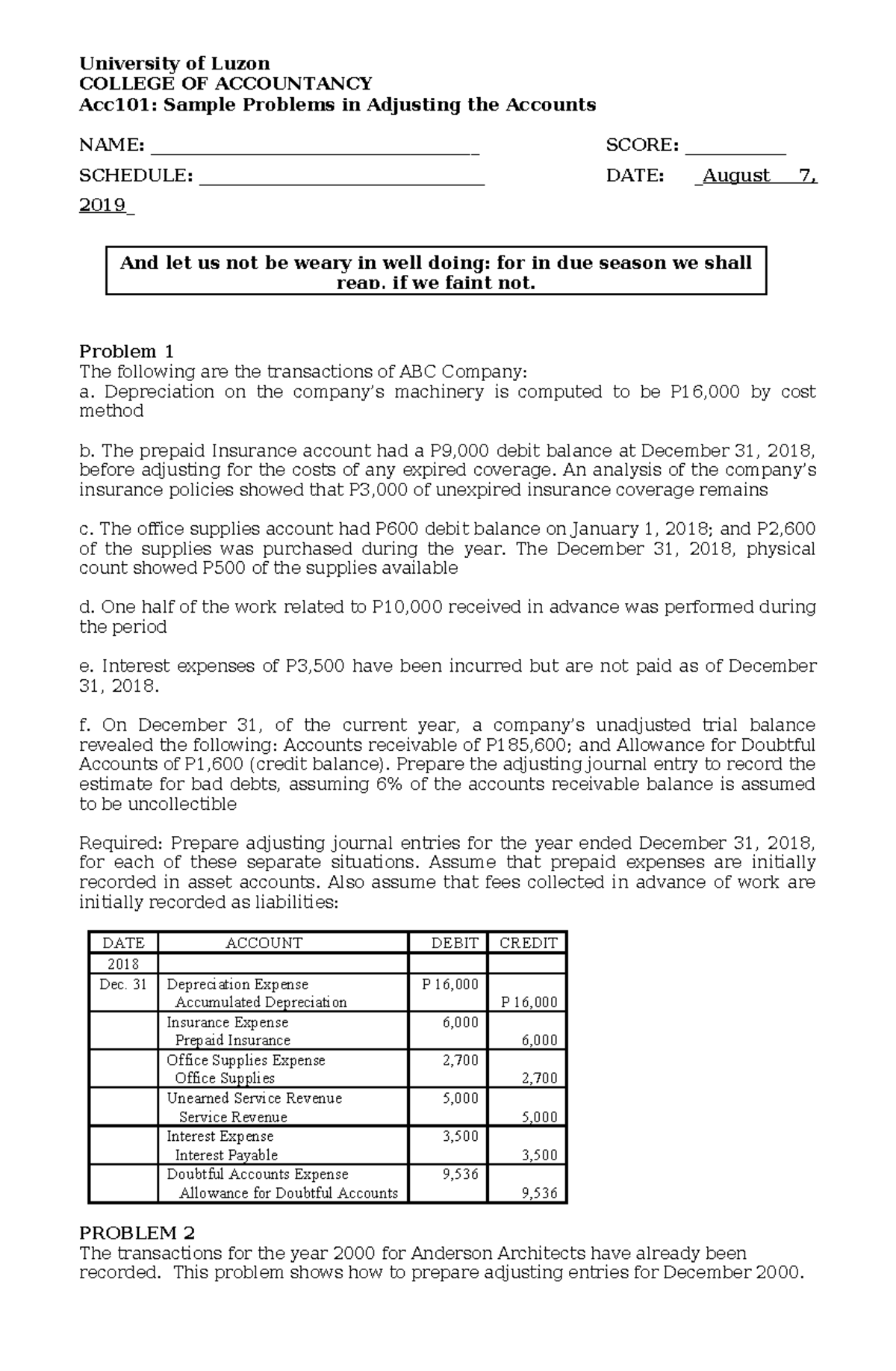 Acc101: Adjusting Entries Sample Problems and Solutions - Studocu