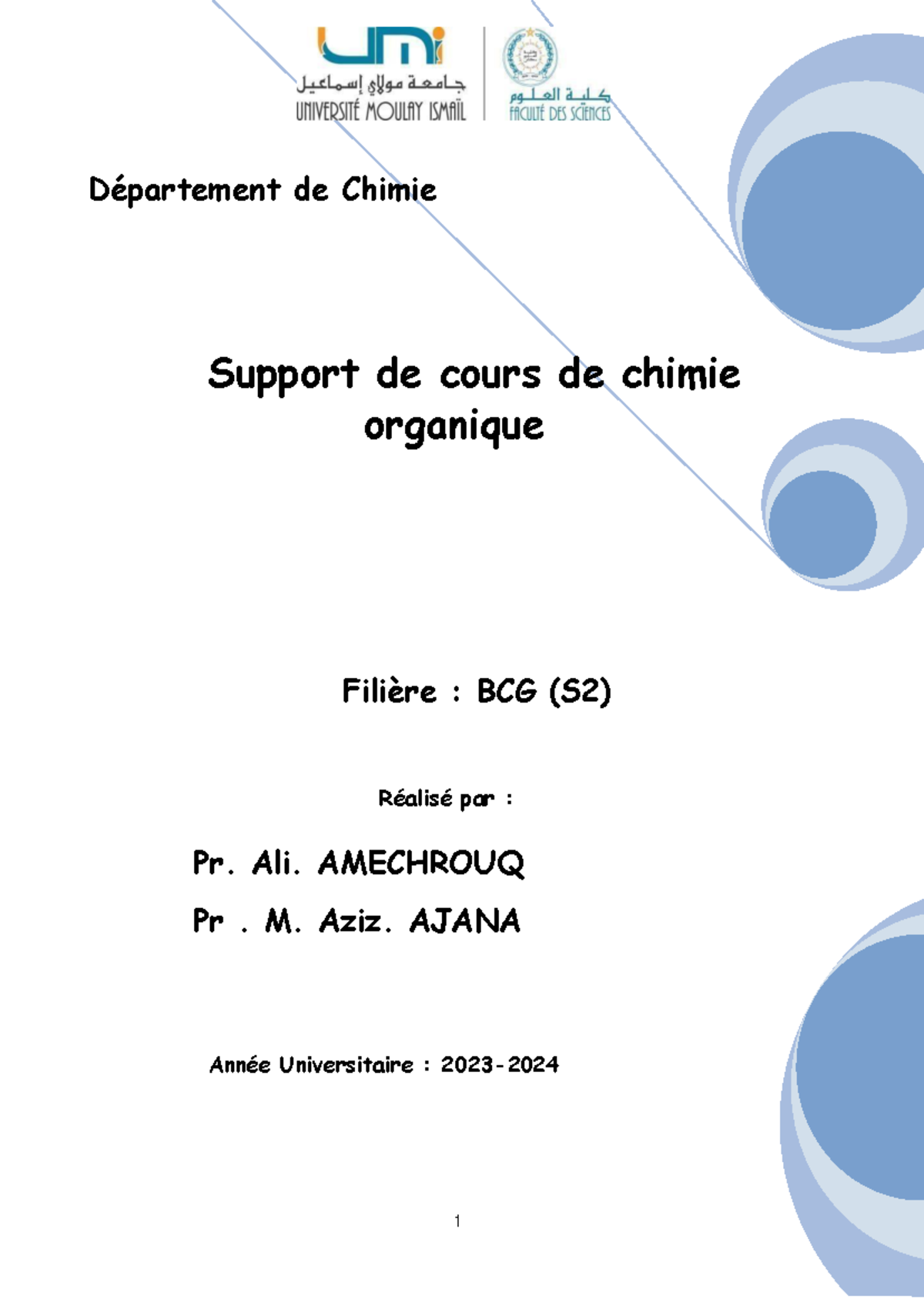 Support de Cours de Chimie Organique - BCG (S2) 2023-2024 - Studocu