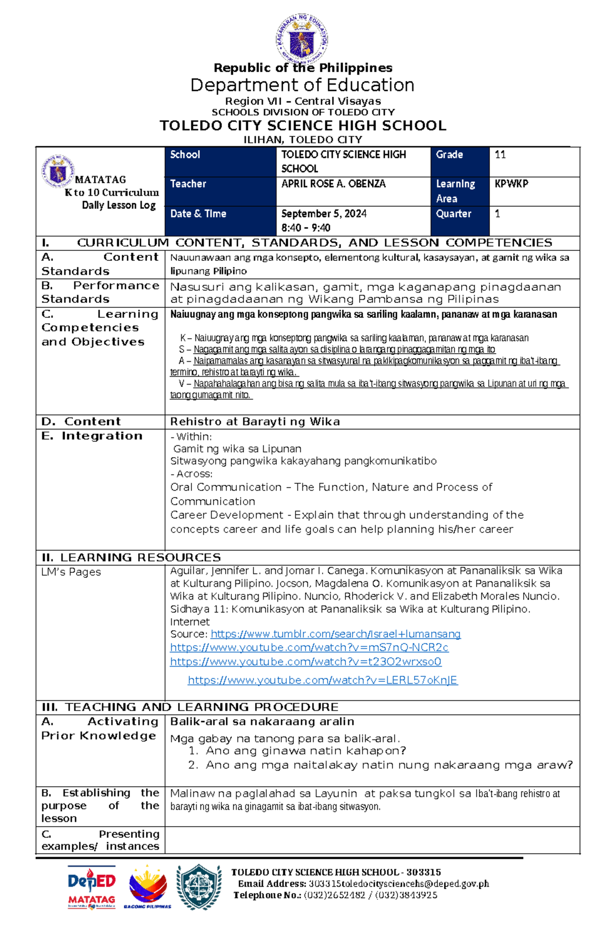 KPWKP (Q1 - WEEK 2) - Comprehensive Lesson Plan on Language Use - Studocu