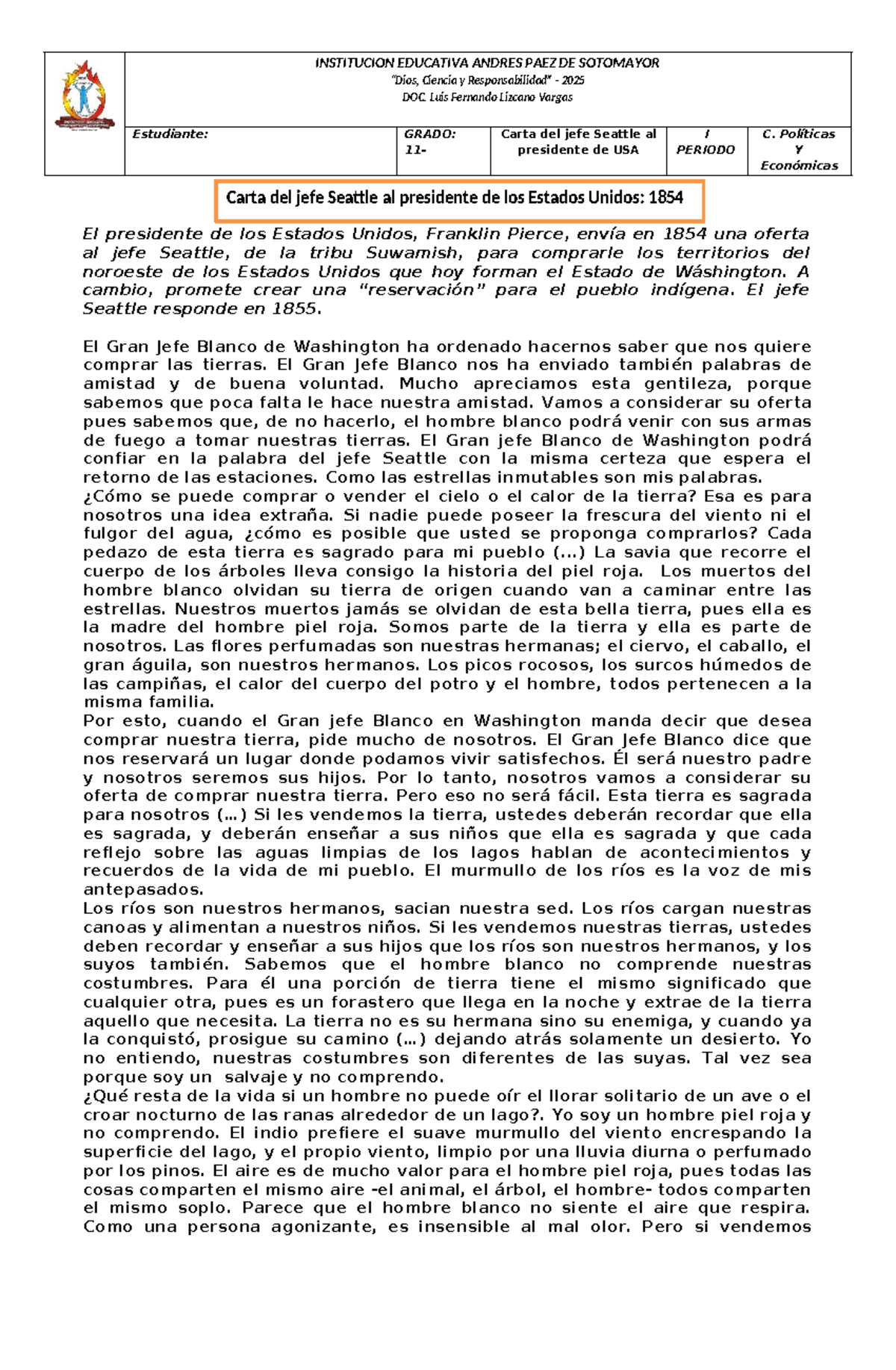 Guía de Estudio: Carta del Jefe Seattle al Presidente de EE.UU. 1854 ...