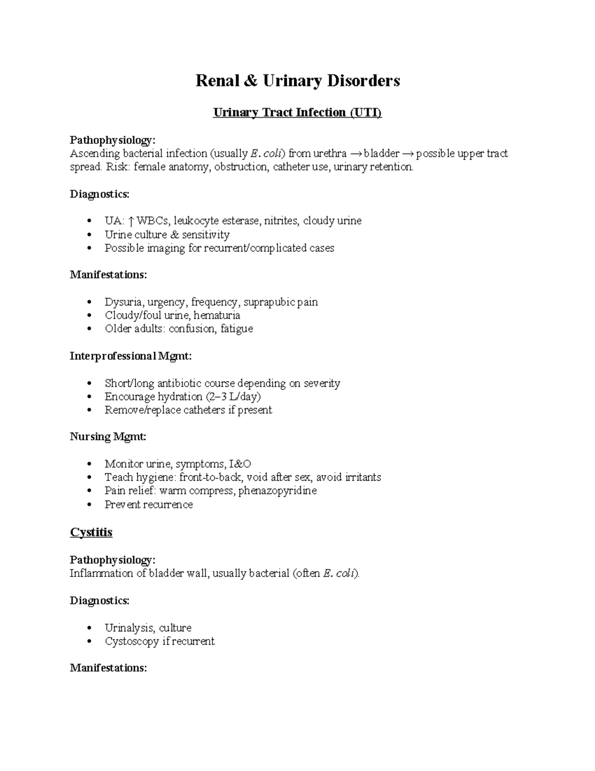Renal Disorders 222: UTI, Cystitis, and Other Conditions Overview - Studocu