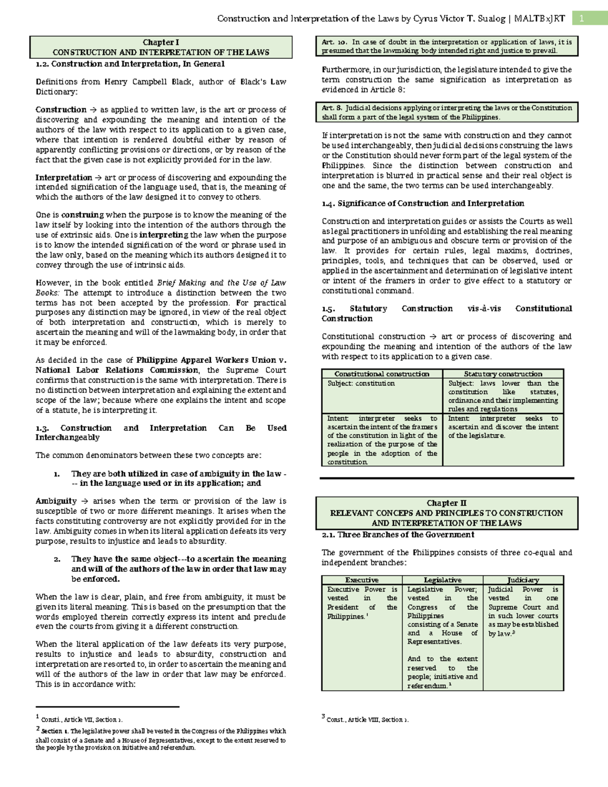 Pdfcoffee - for reference material - Chapter I CONSTRUCTION AND INTERPRETATION OF THE LAWS 1 ...
