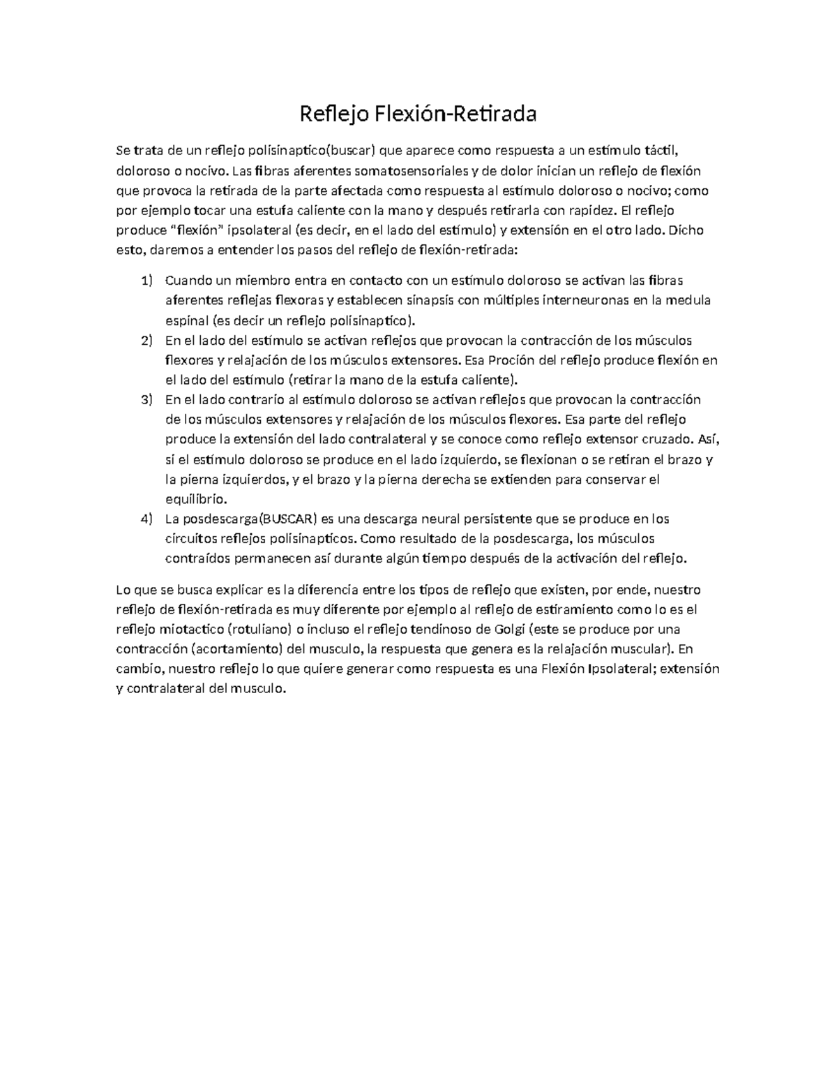Reflejo de Flexión-Retirada: Mecanismo y Respuestas (Estudio) - Studocu